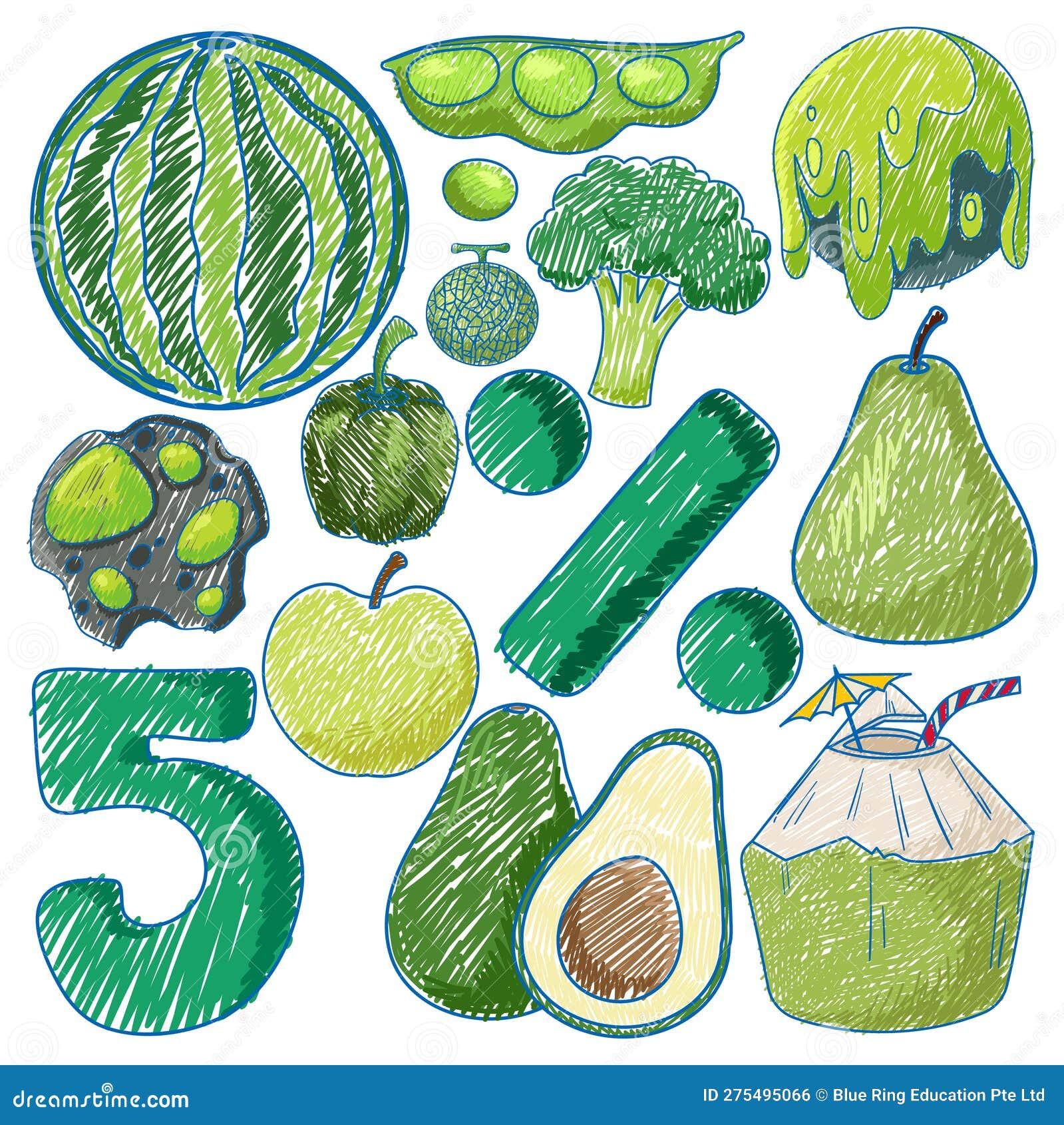 Green Objects in Pencil Colour Sketch Simple Style Stock Vector ...