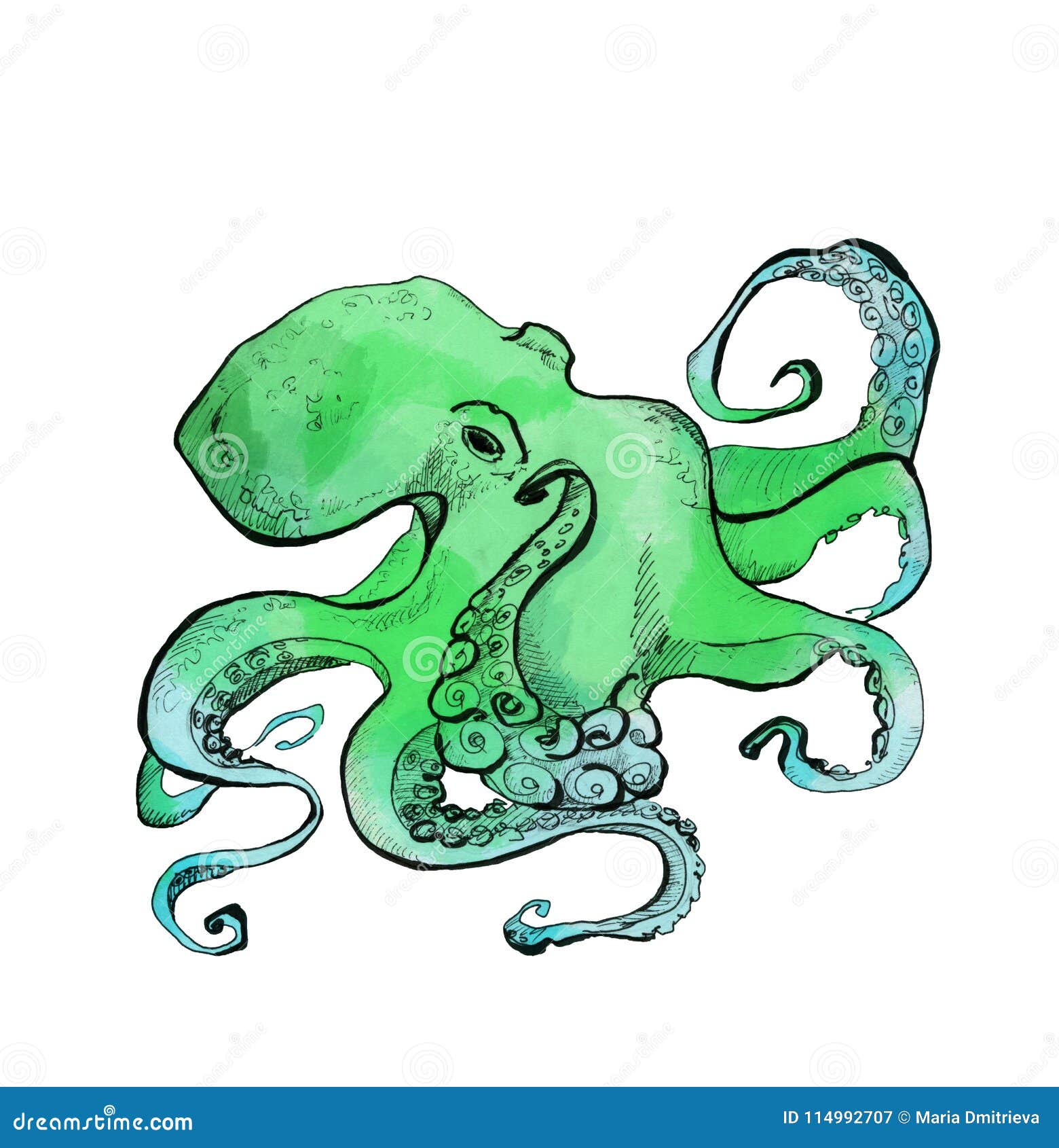 Green Octopus And Cauldron With Magic Potion Isolated On White ...