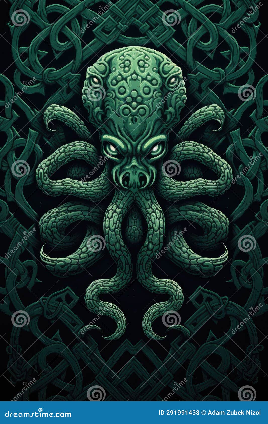 Green Octopus Robot Wearing Pirate Hat With Sacred Geometry Background ...