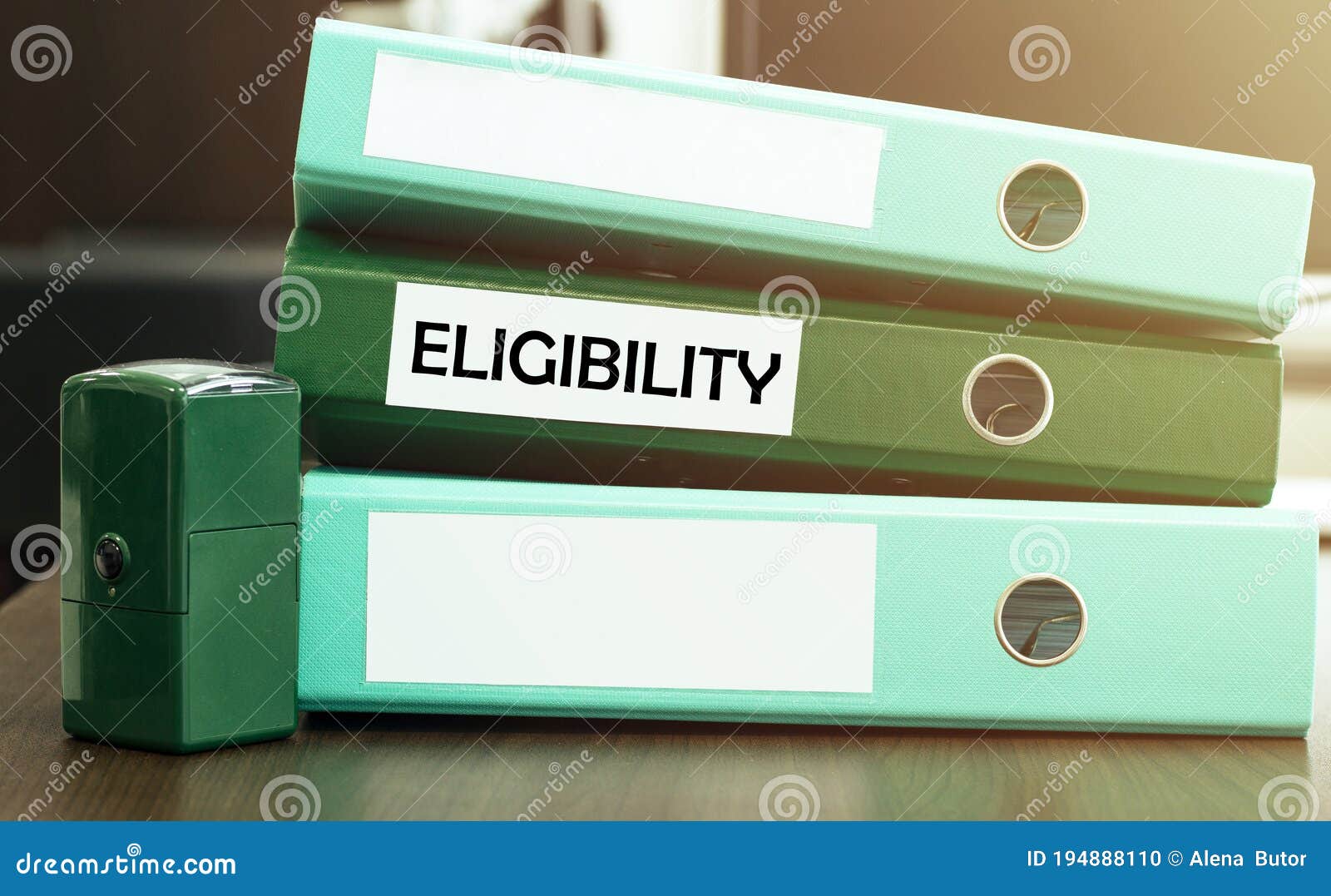 3 Green Office Folders with Text Eligibility Word Stock Photo - Image ...