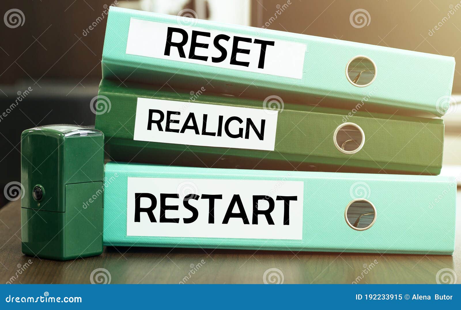 3 Green Office Folders with Text Reset Realign Restart Stock Image ...