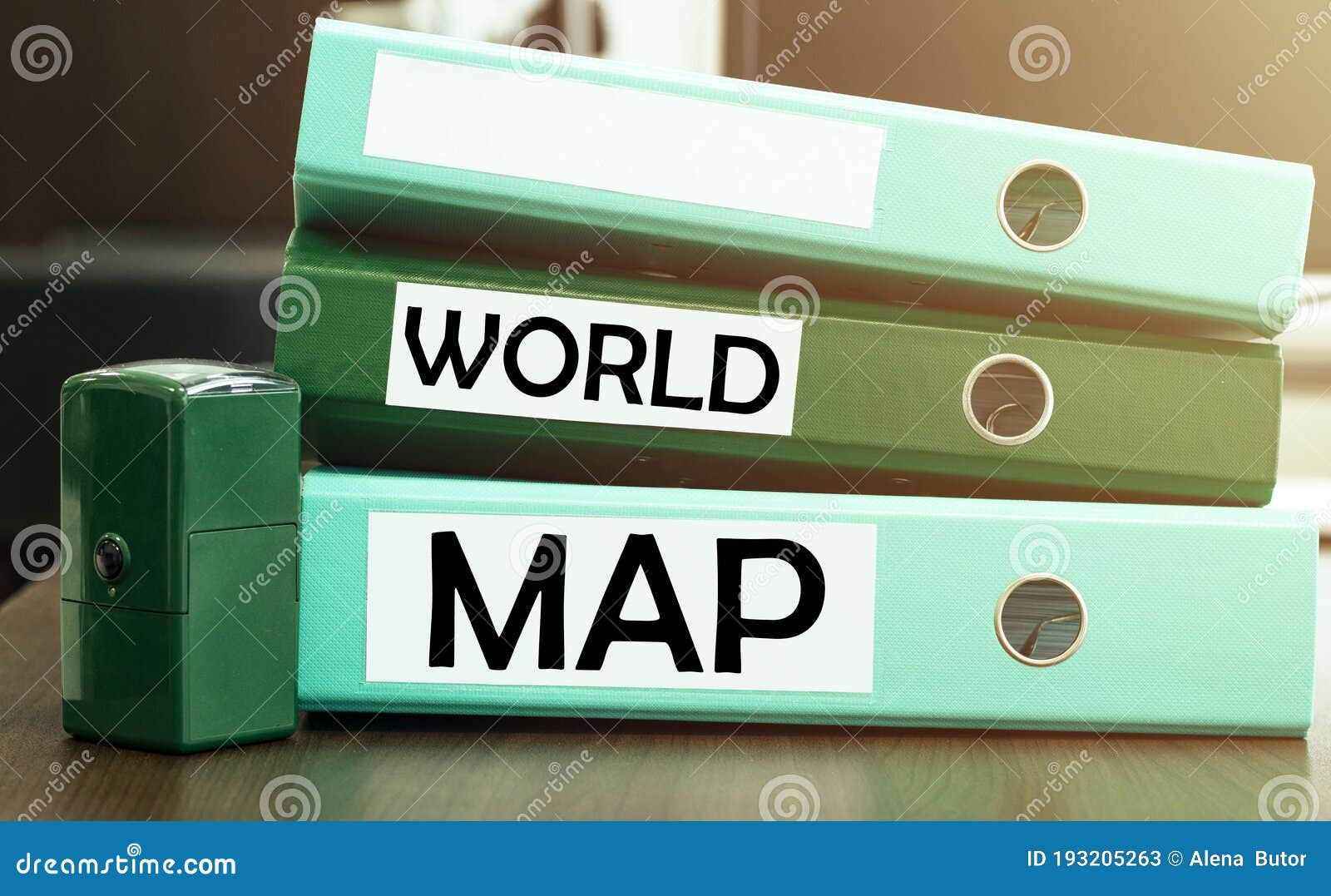 3 Green Office Folders with Text World Map Stock Image - Image of time ...