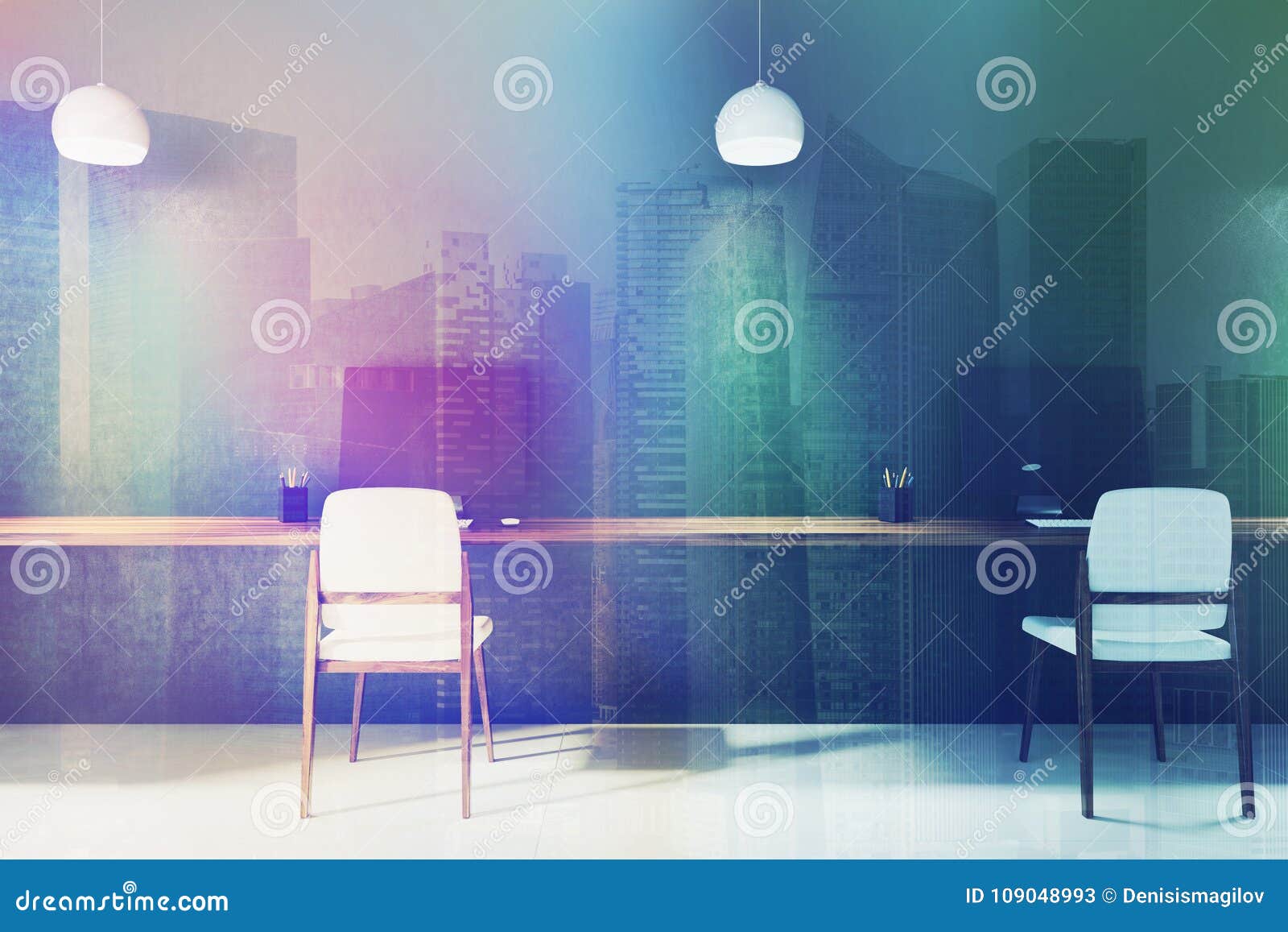 Green Office Interior, Computer Screens Toned Stock Illustration ...