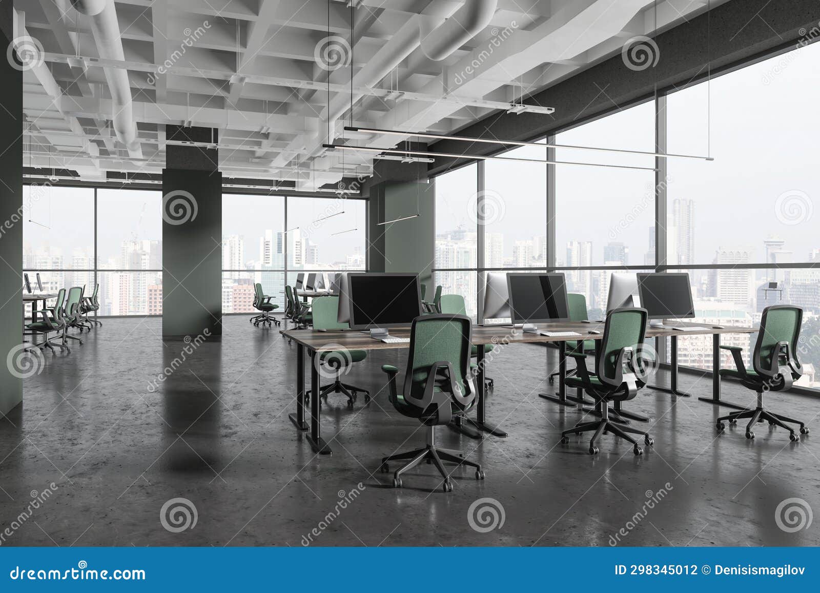 Green Open Space Office with Columns Stock Illustration - Illustration ...