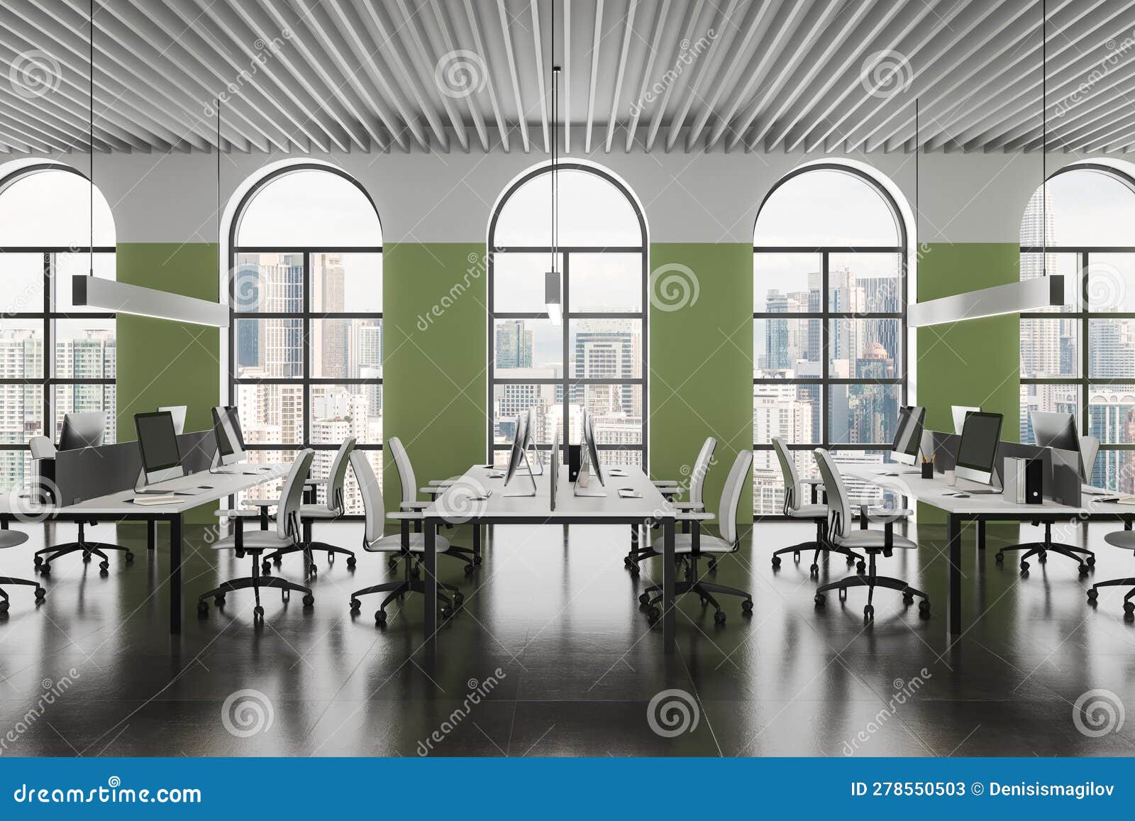 Green Open Space Office Interior with Arched Windows Stock Illustration ...