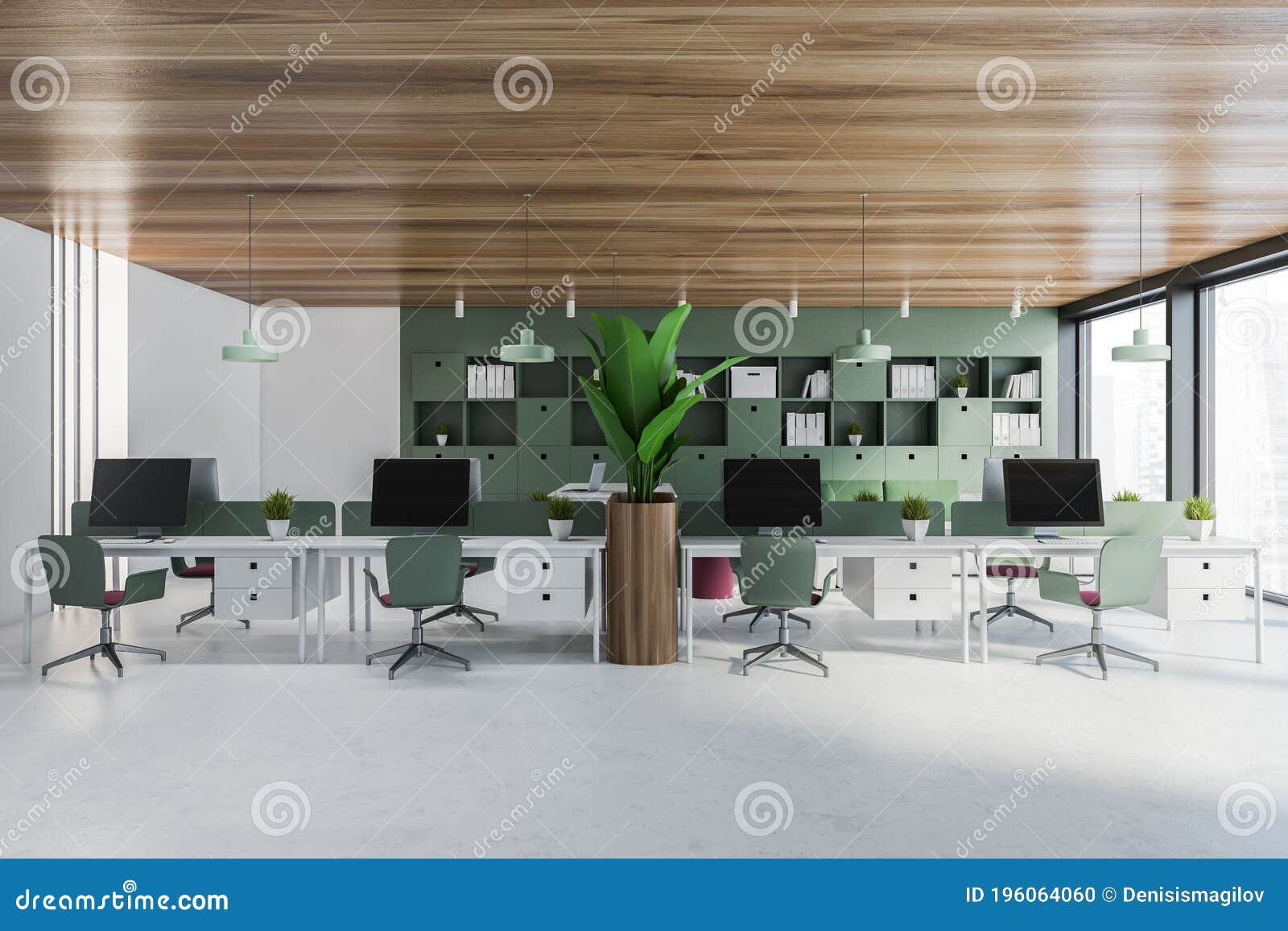 Green Open Space Office Interior Stock Illustration - Illustration of ...
