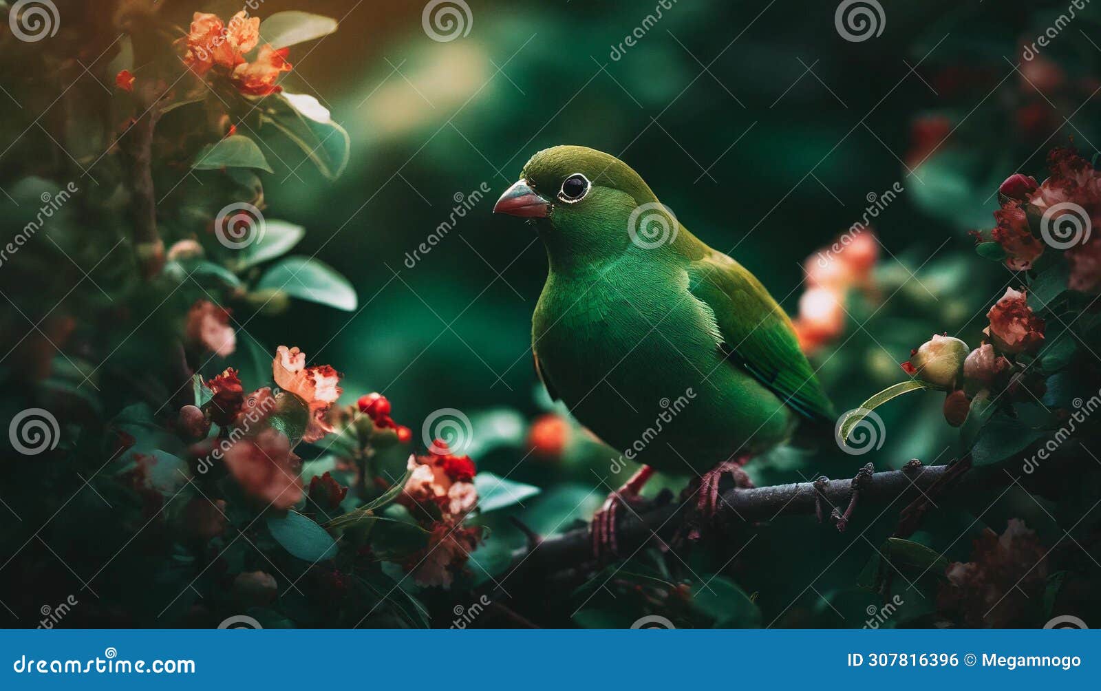 Green Organ Bird Sitting on a Tree Branch with Red Berries in the ...