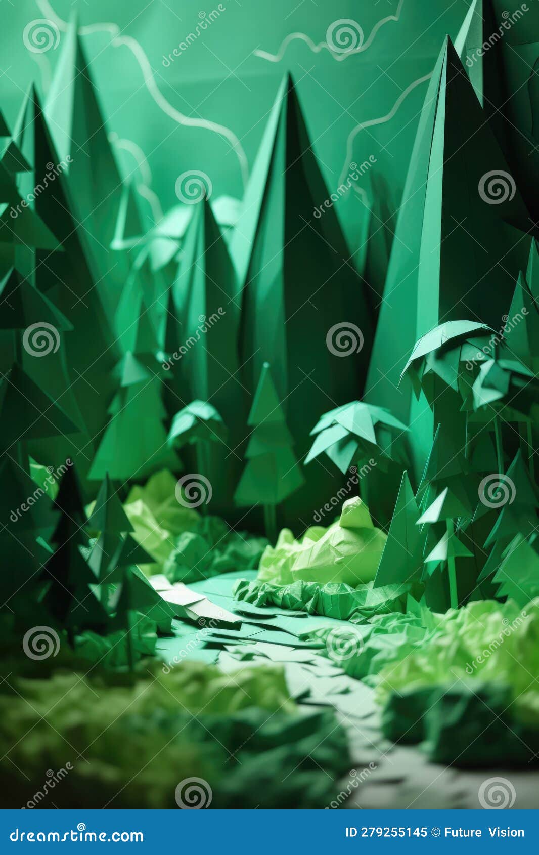 Green Origami Landscape with Trees and Mountains, Created Using ...