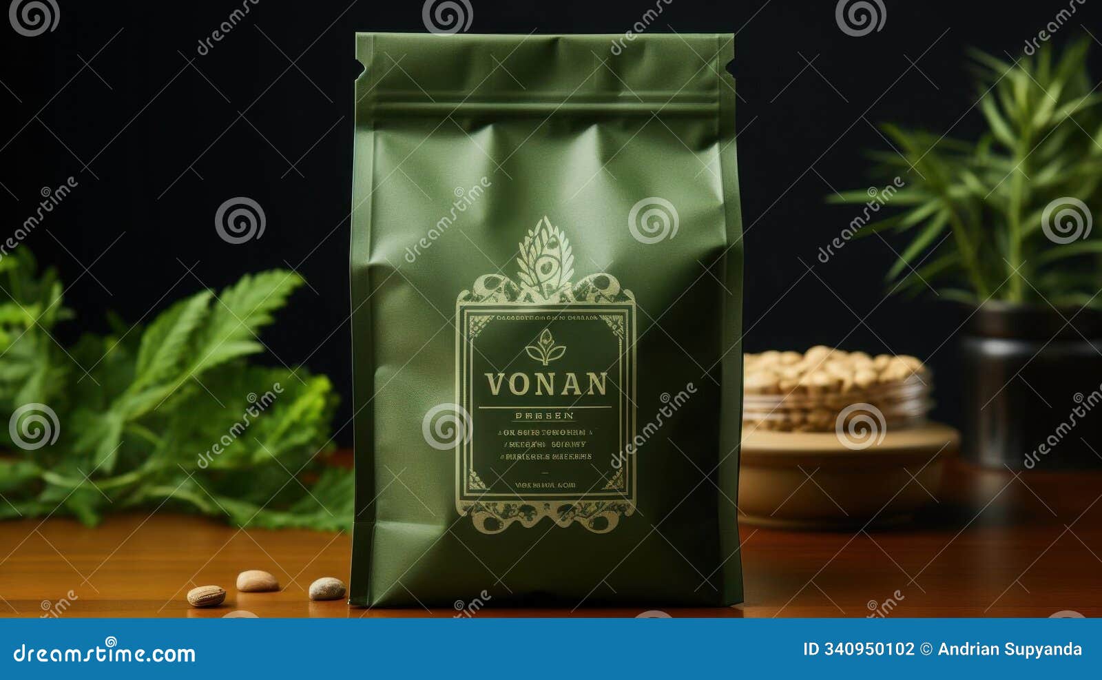 Green Packaging with Gold Detailing and Natural Products Stock ...
