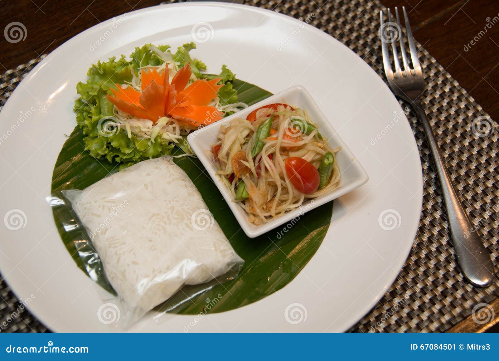 Green Papaya Salad and Sticky Rice Stock Image - Image of green ...