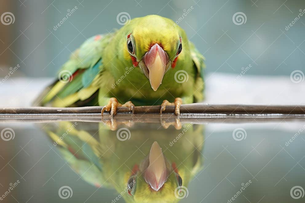 Green Parakeet Pecking at Own Reflection Stock Illustration ...