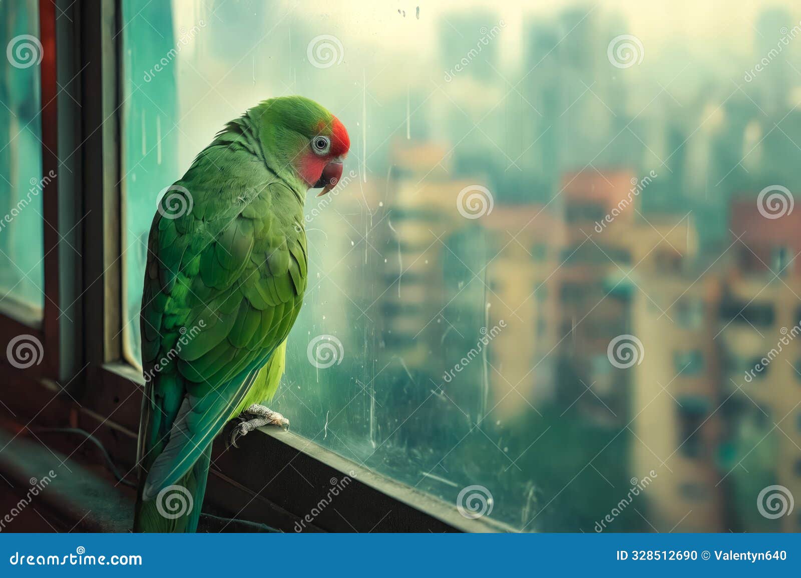 A Green Parrot Sitting on a Window Sill Looking Out a Window ...
