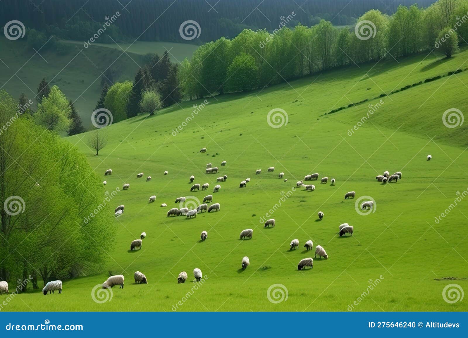 Green Pastures in the Spring and Summer, with a Flock of Sheep Grazing ...