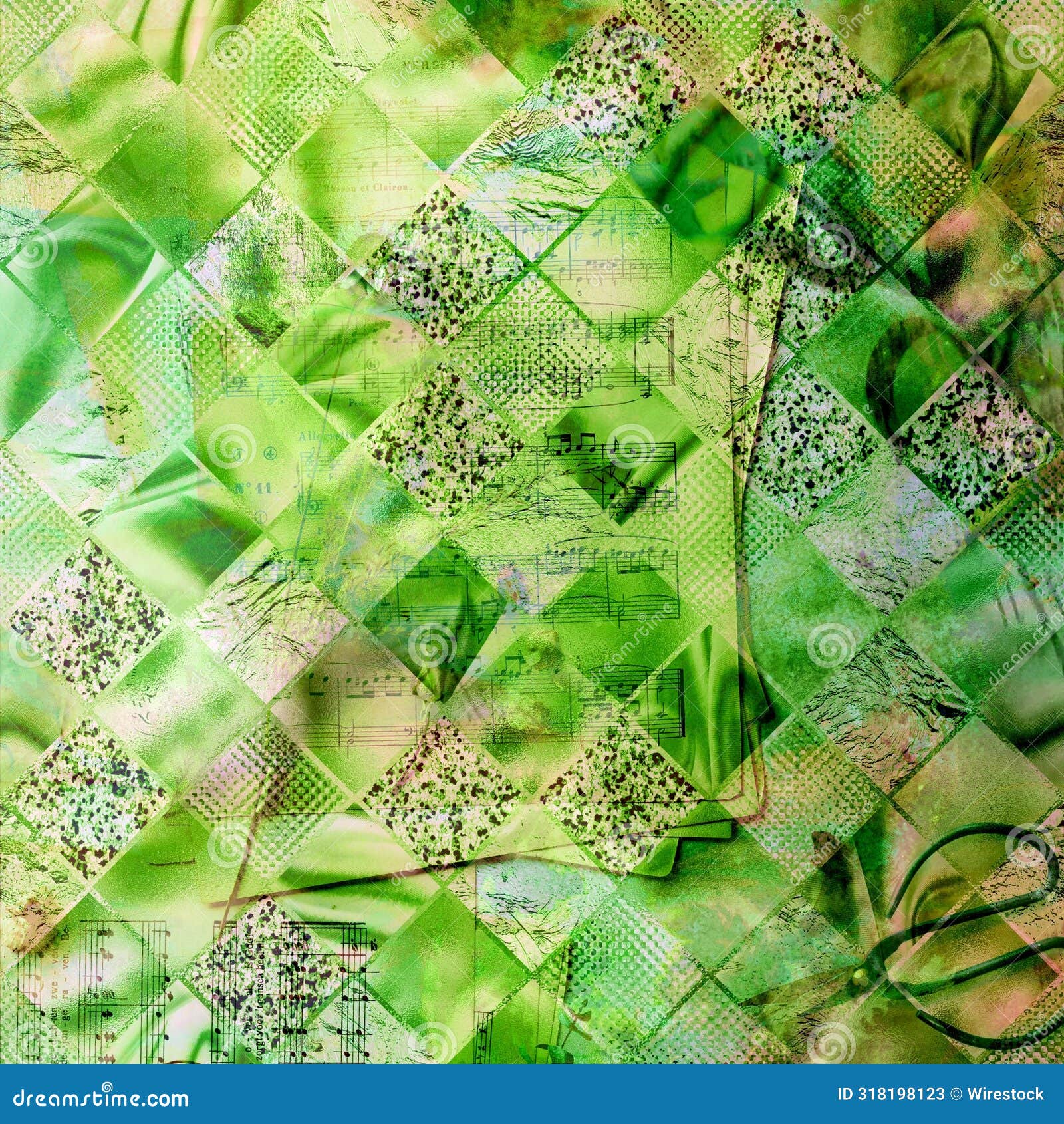 A Green Patchwork Quilted Background Showing Square Pattern Designs ...