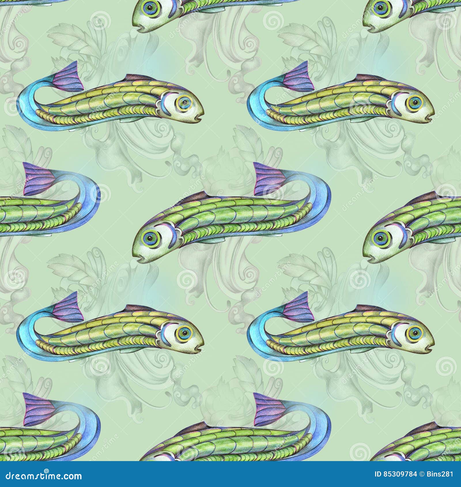 Green pattern with fish stock illustration. Illustration of seamless ...