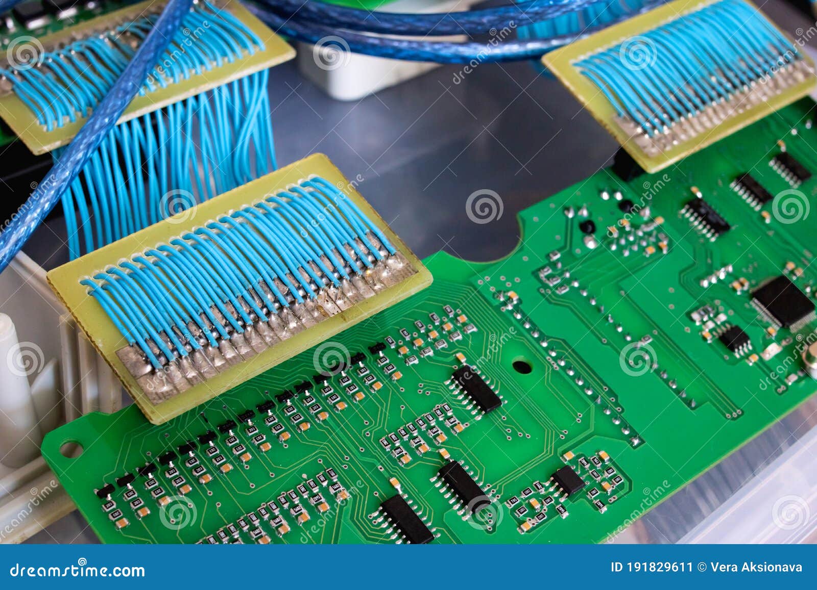 Green PCB and Blue Wires Close Up Stock Image - Image of hardware ...