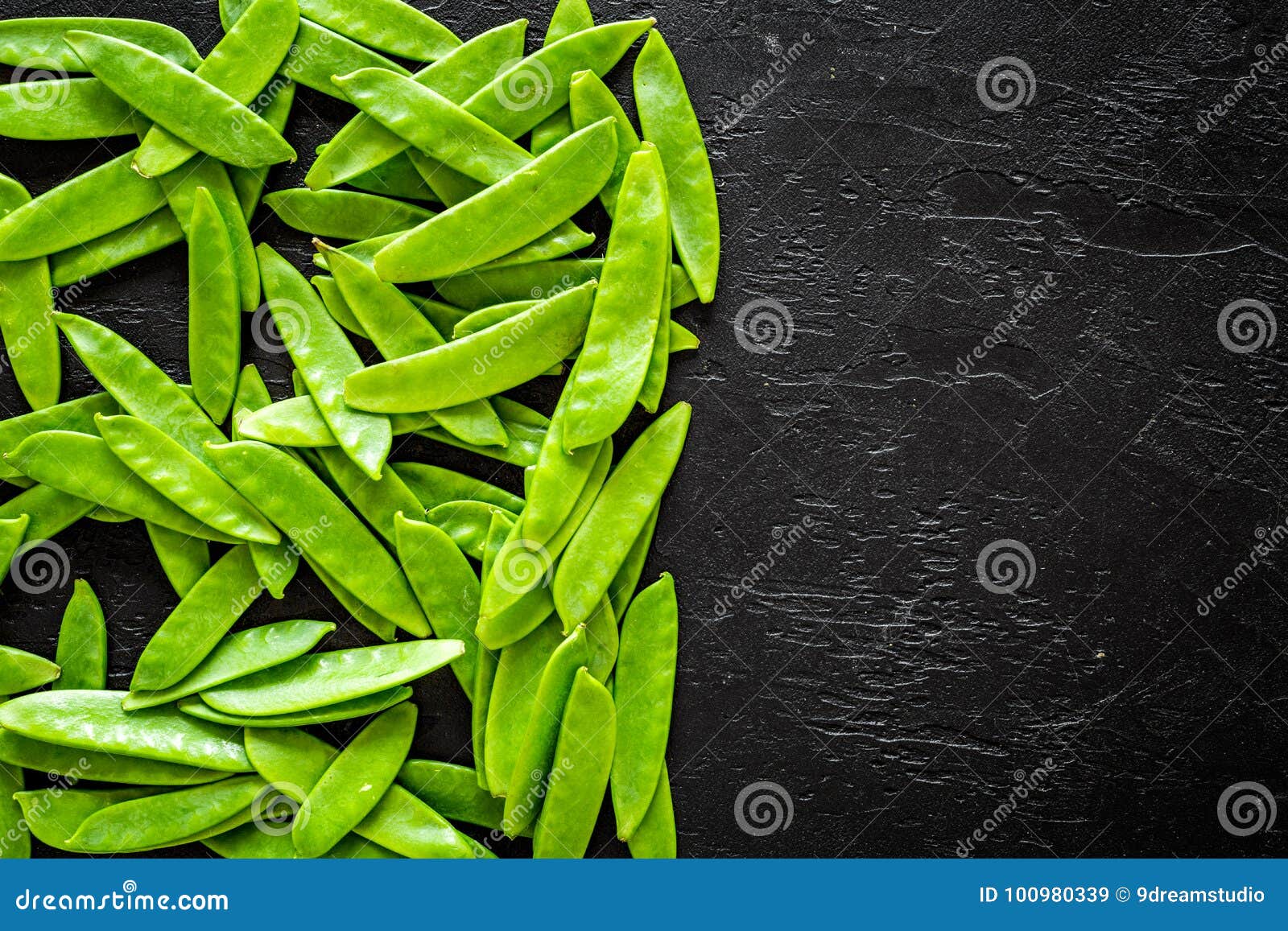 Green Pea Pods Pattern on Black Background Top View Copyspace Stock ...