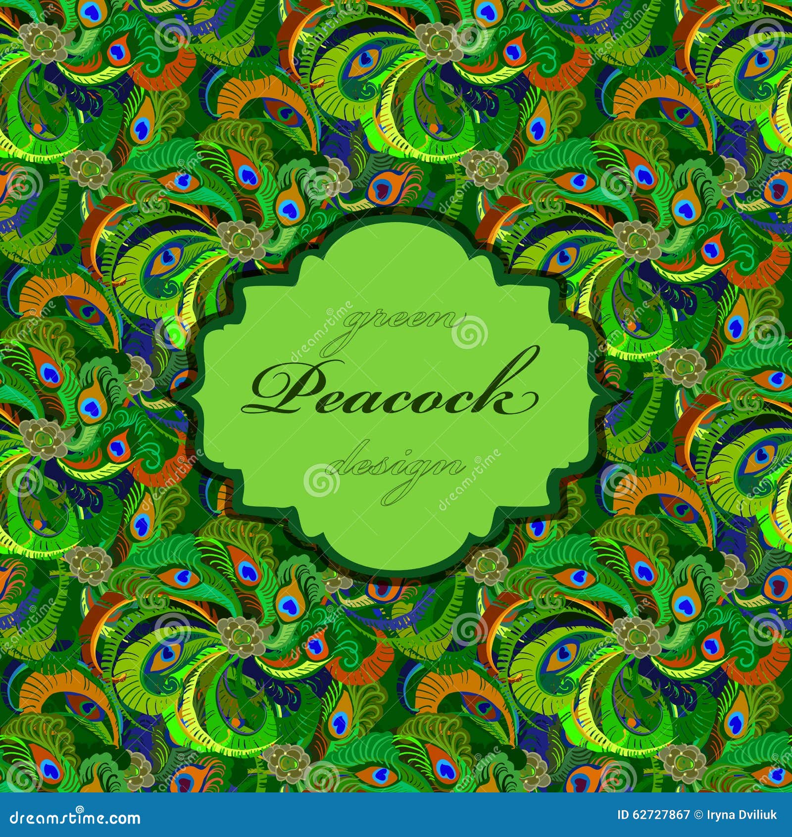 Green Peacock Feathers Seamless Pattern Background. Vintage Label.Text ...