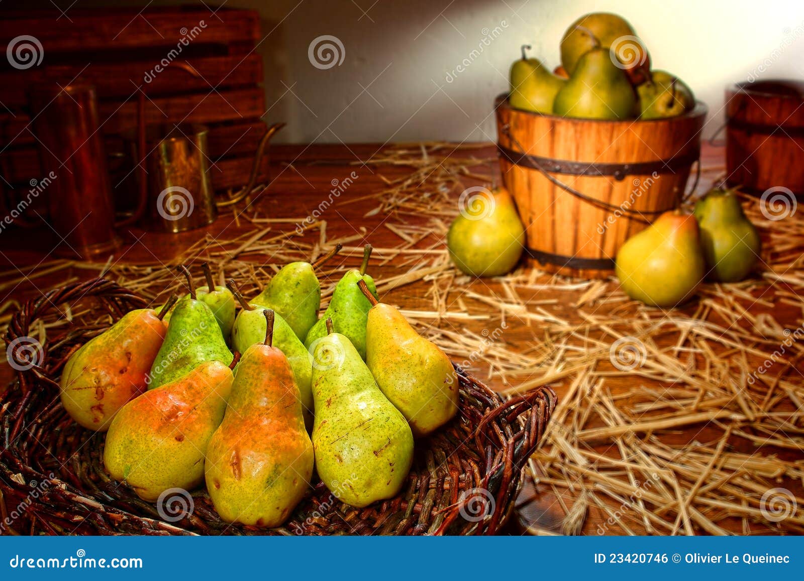 Green Pears in Rustic Basket at Old Country Farm Stock Photo - Image of ...