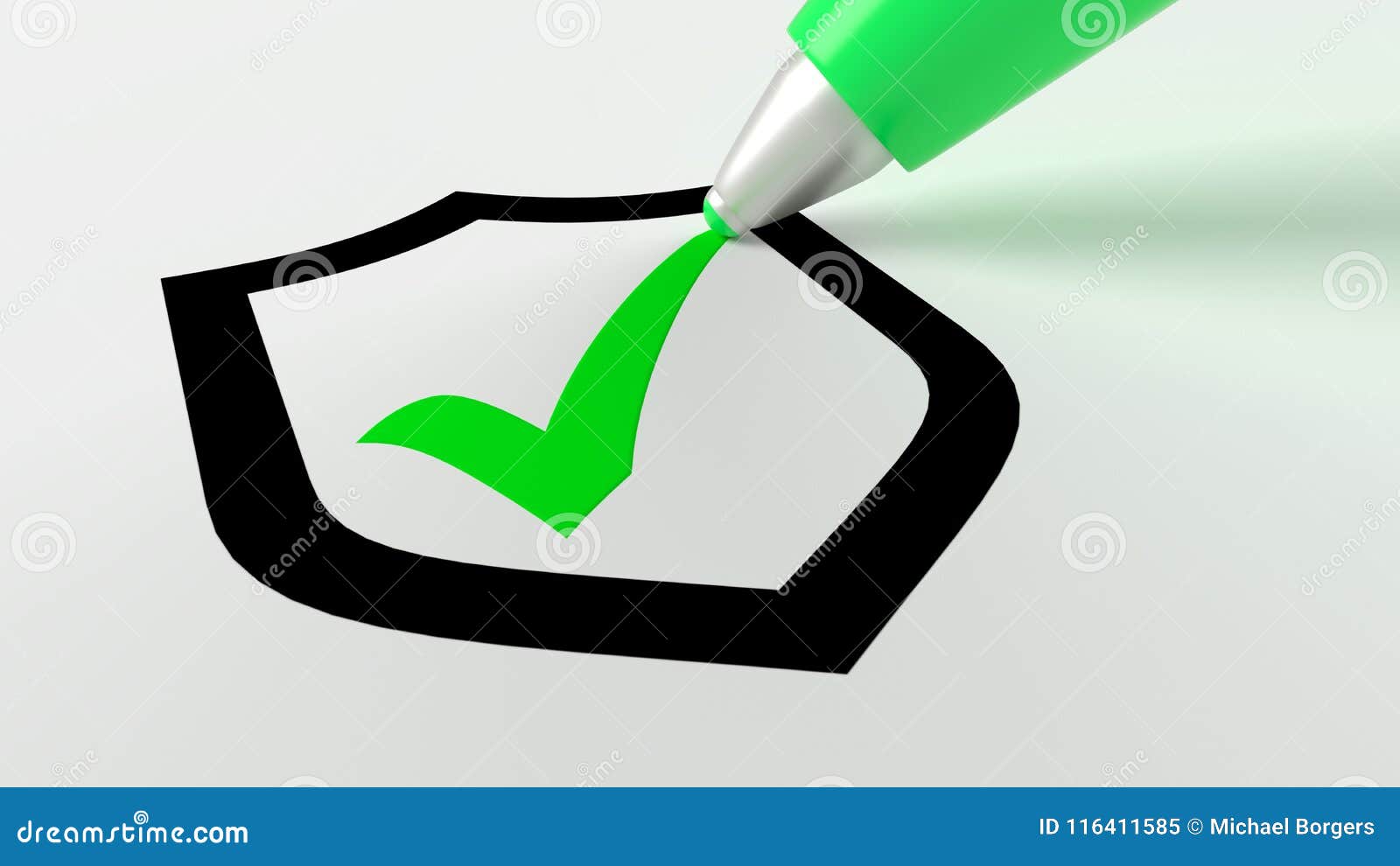 Green Pen Setting a Checkmark in a Black Shield Symbol Stock ...