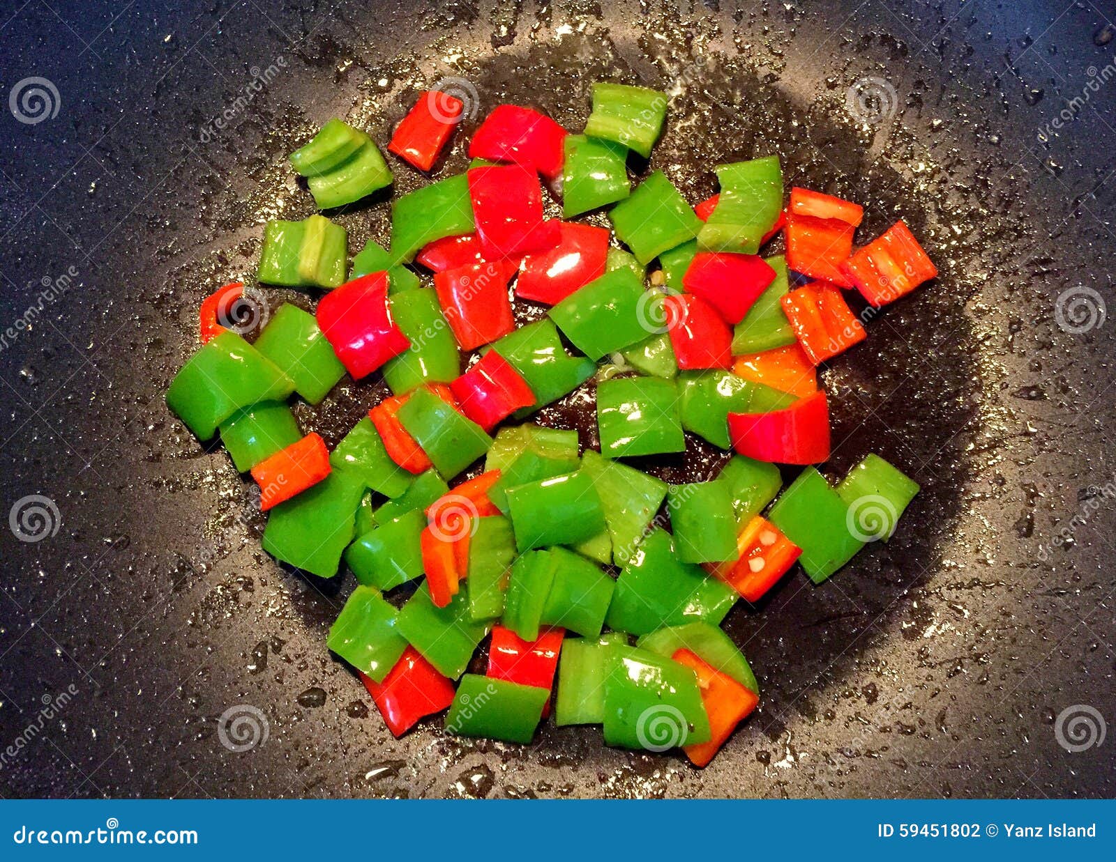 Green Pepper and Red Chilli in Frying Pan Stock Photo - Image of green ...
