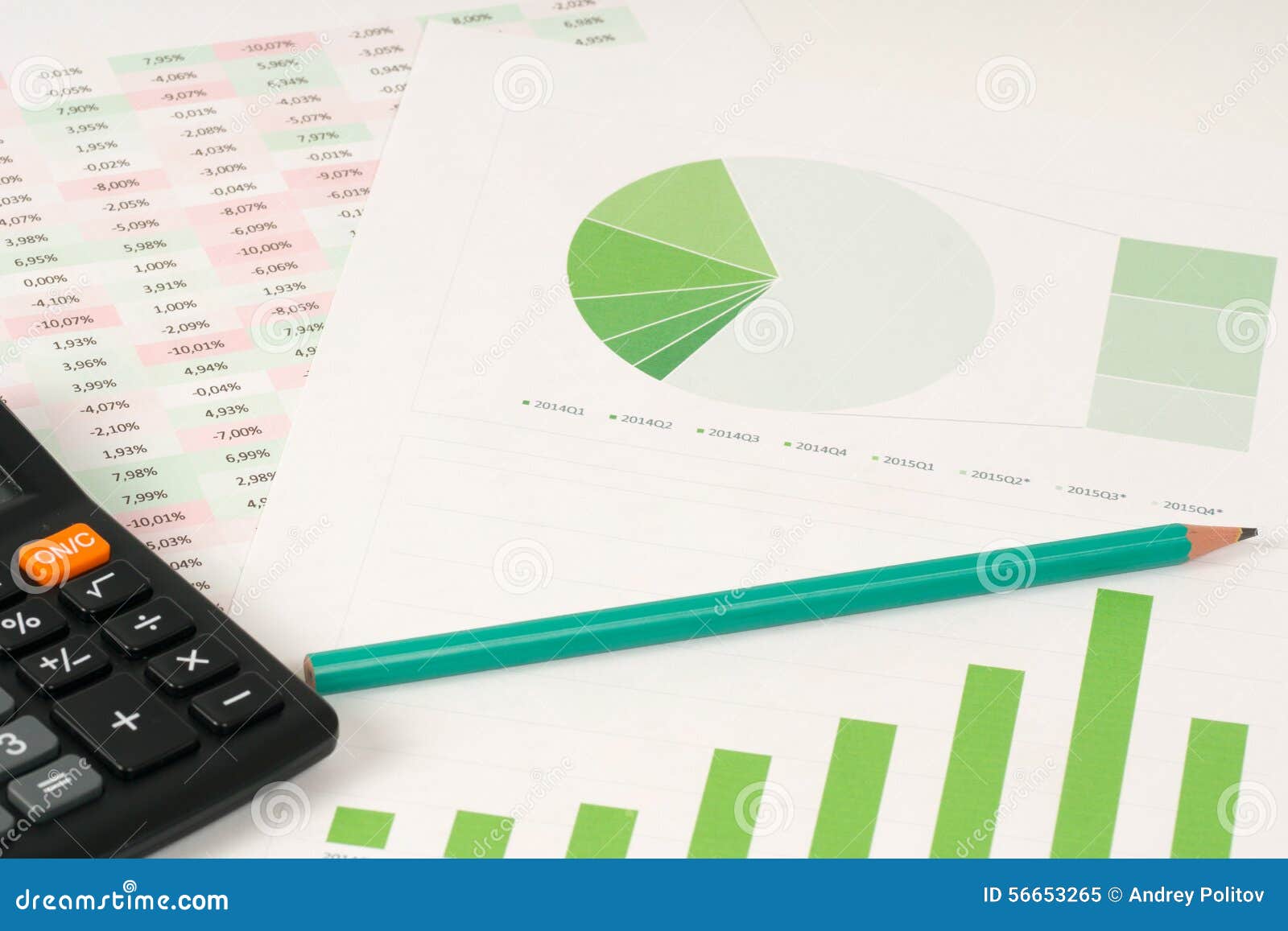 Green Pie and Bar Charts with Calculator Stock Image - Image of ...
