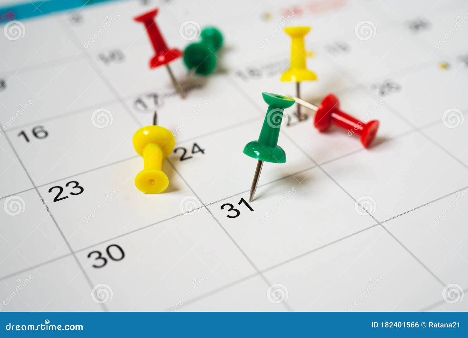 Green Pin Marked on End of Month on White Calendar Stock Photo - Image ...