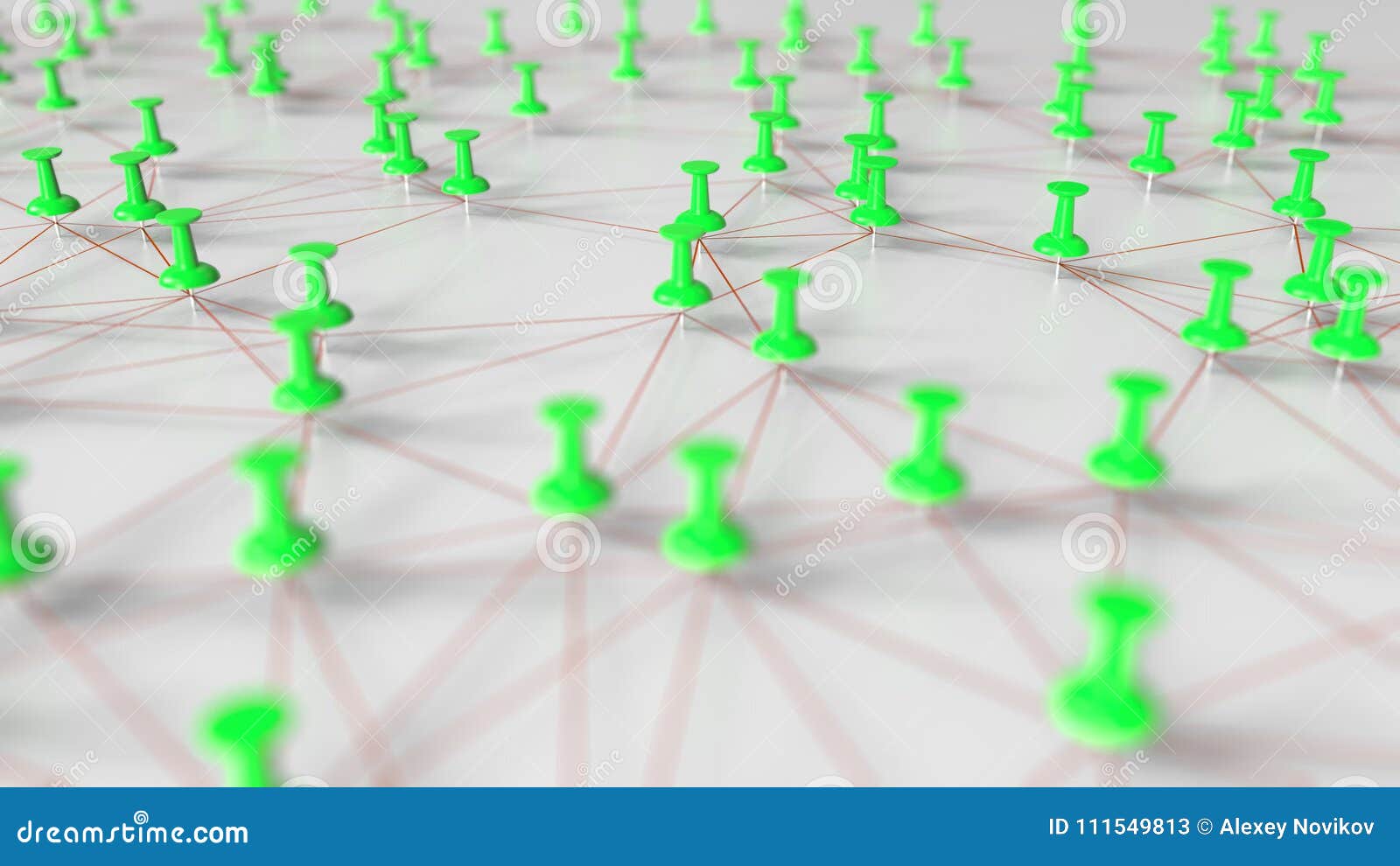 Green Pins and Threads Compose a Network on a Pinboard. 3D Rendering ...