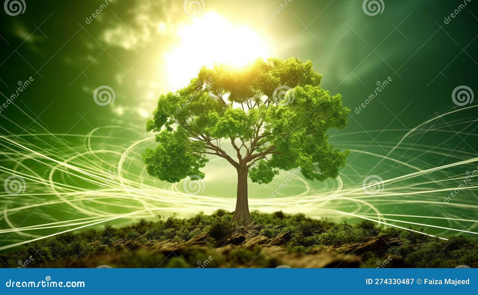 Green Planet Concept - Green Tree with Power Lines and Sunshine Around ...