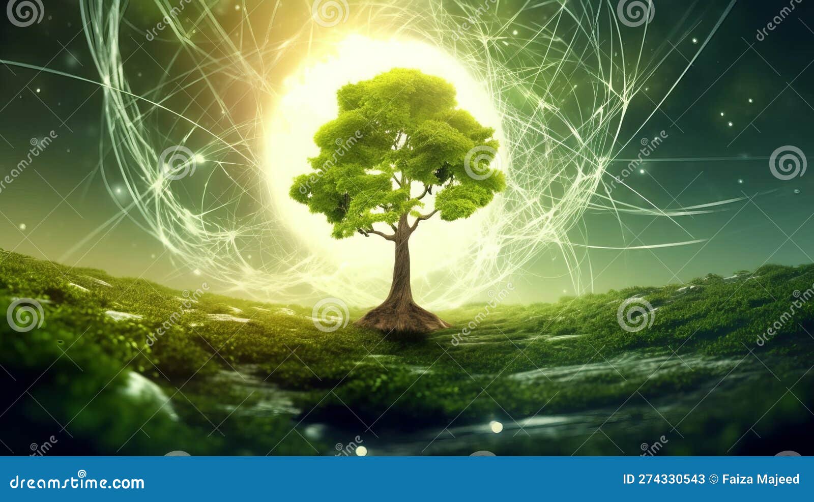 Green Planet Concept - Green Tree with Power Lines and Sunshine Around ...