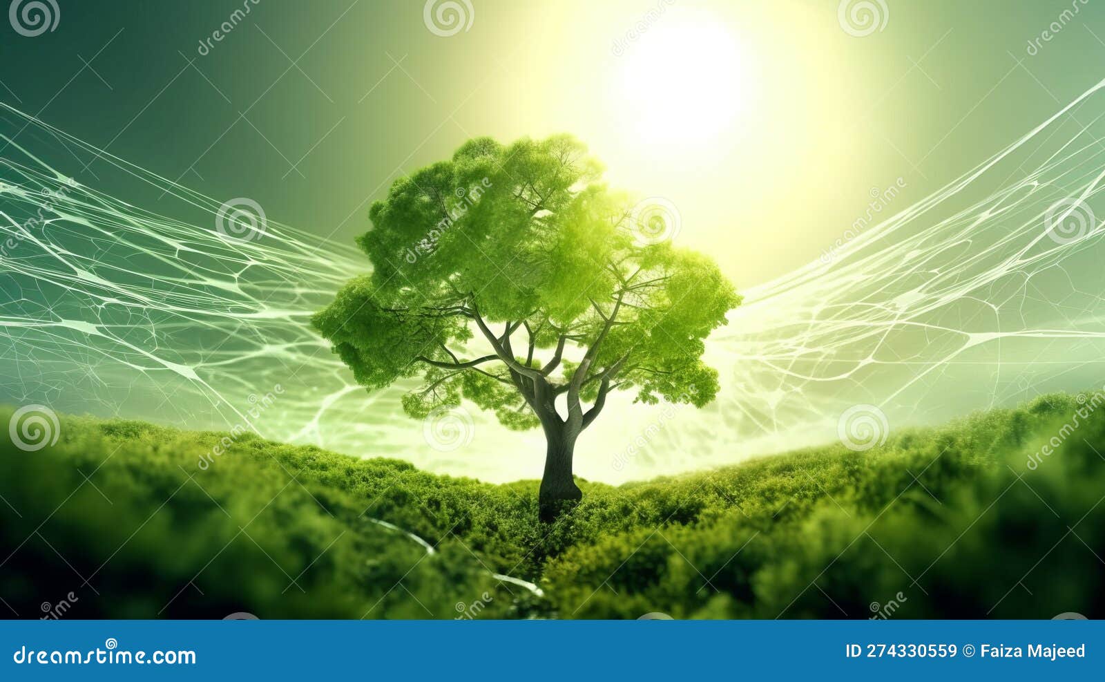 Green Planet Concept - Green Tree with Power Lines and Sunshine Stock ...