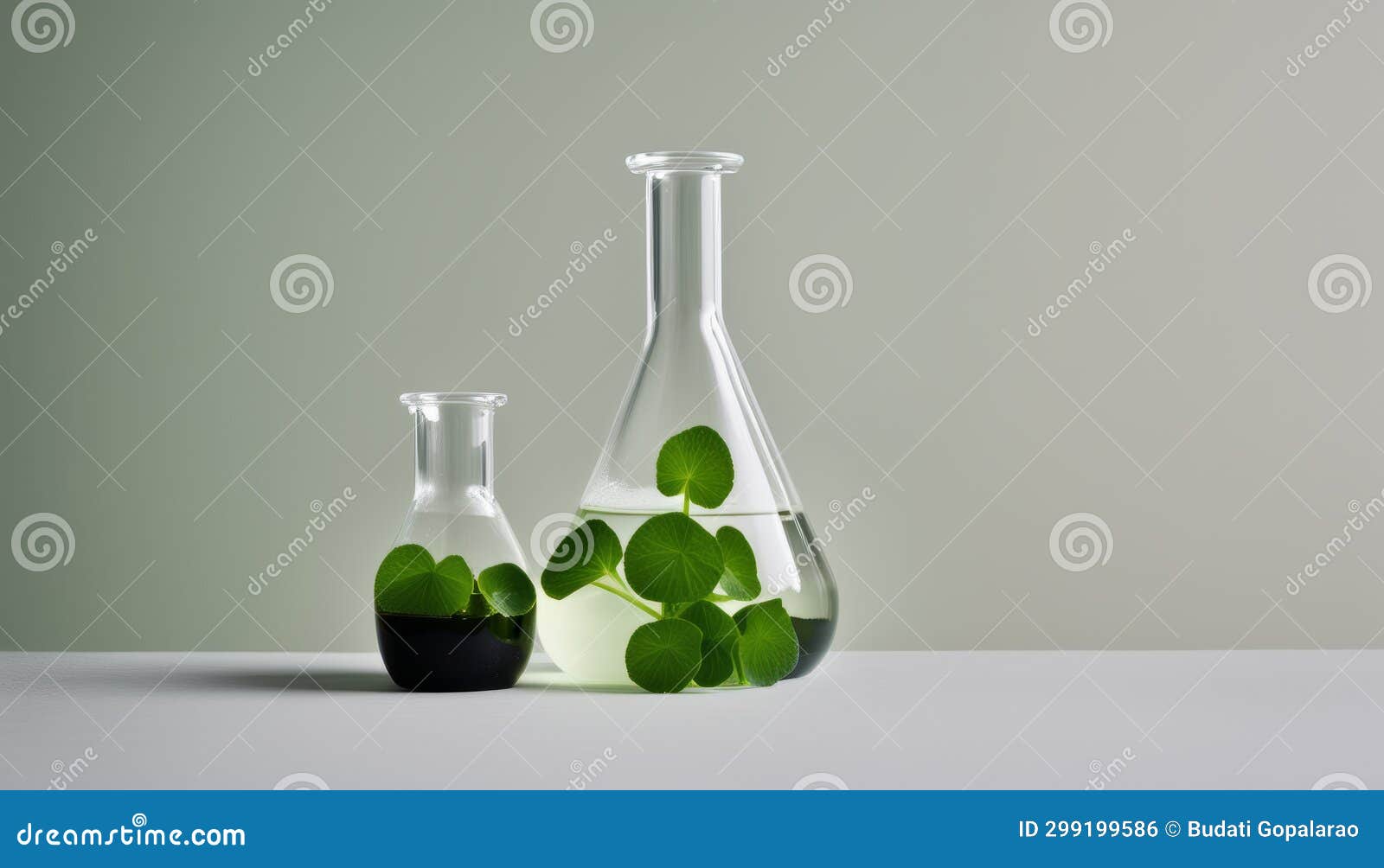 A Green Plant in a Beaker with a Vase of Leaves on a Table Stock ...