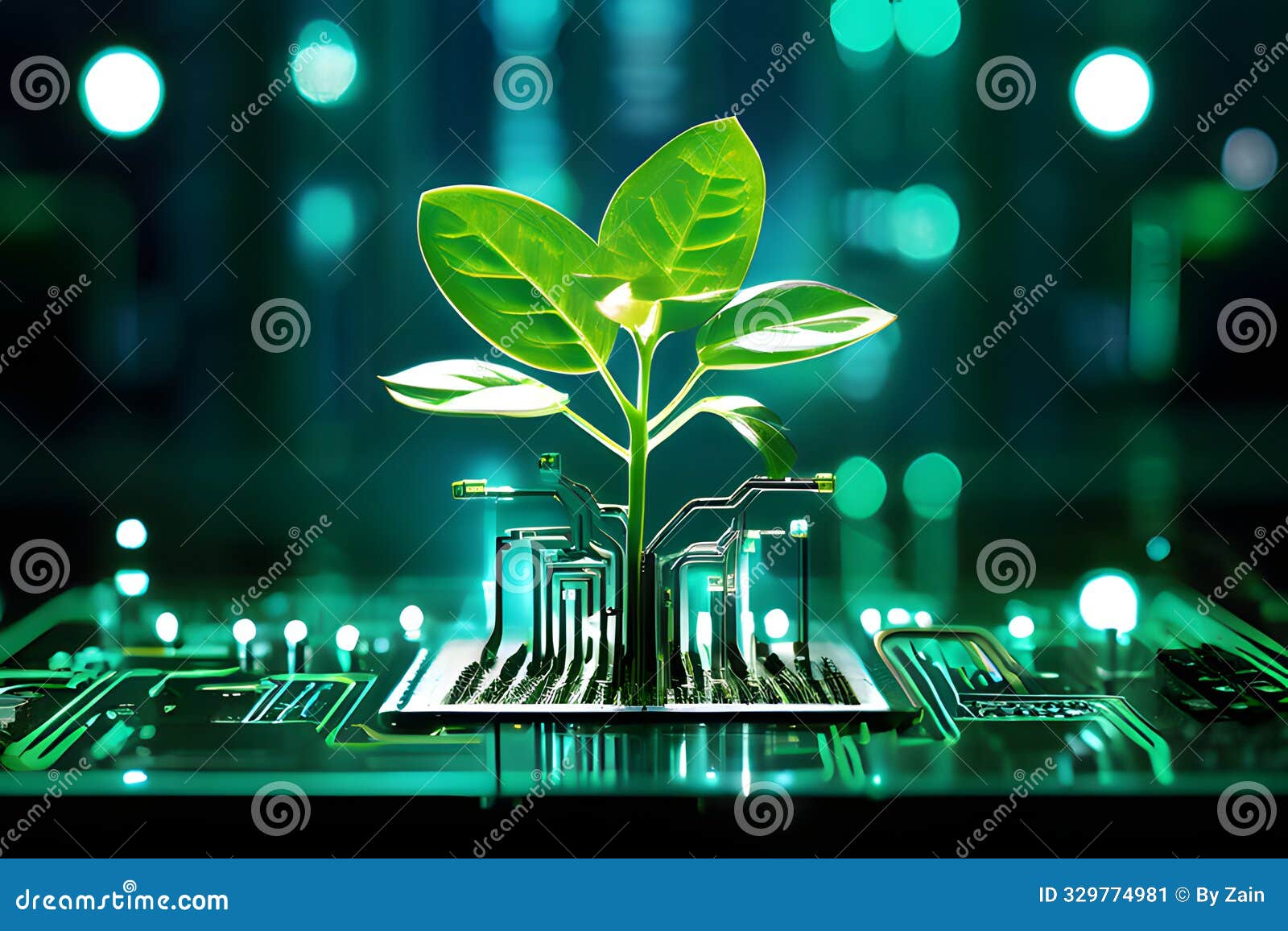 Green Plant Sprout Emerging Circuit Board Symbolizing Nature and ...