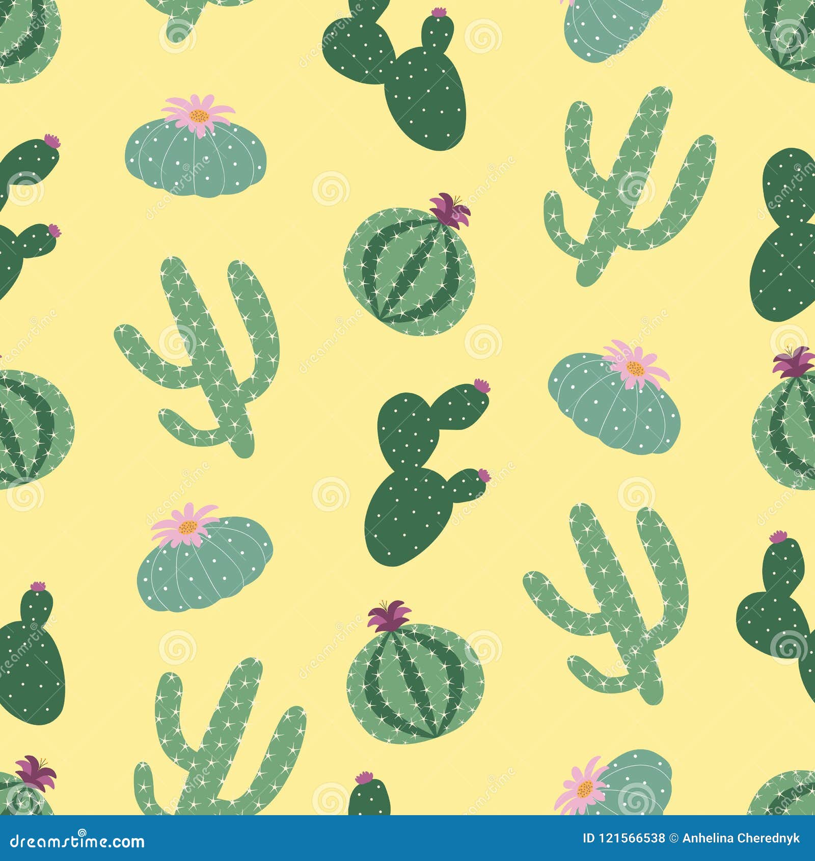 Green Plants Cactus Peyote Seamless Pattern on a Yellow Background ...