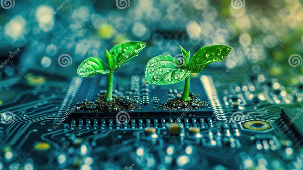 Green Plants Growing on Microchips. Generative Ai Stock Illustration ...