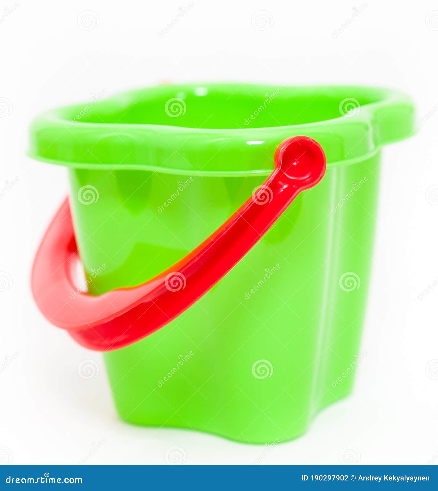 Green Plastic Children Bucket with Red Handle on White Background Stock ...
