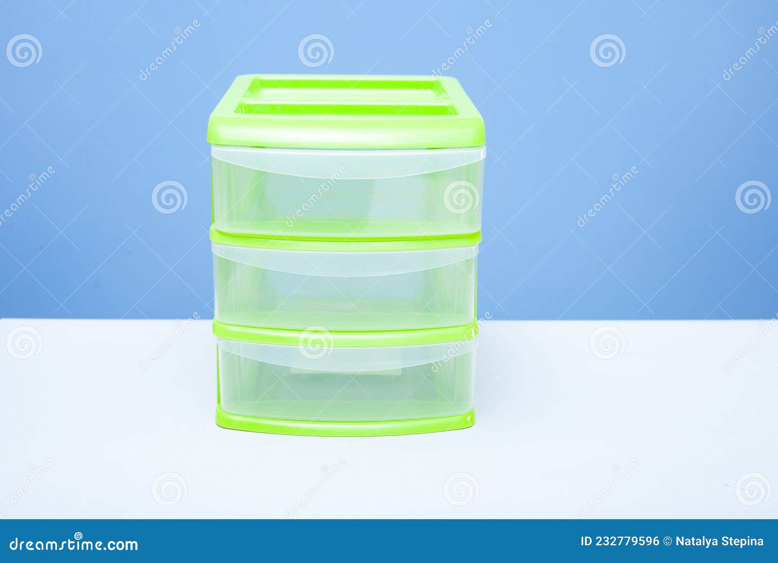 Green Plastic Container with Three Transparent Drawers. Front View ...