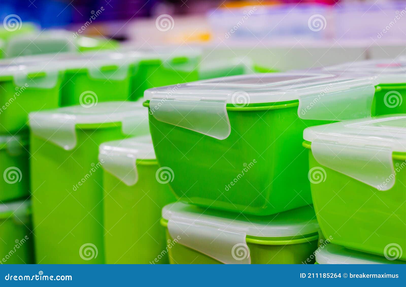 Green Plastic Containers Standind in Store Stock Photo - Image of ...