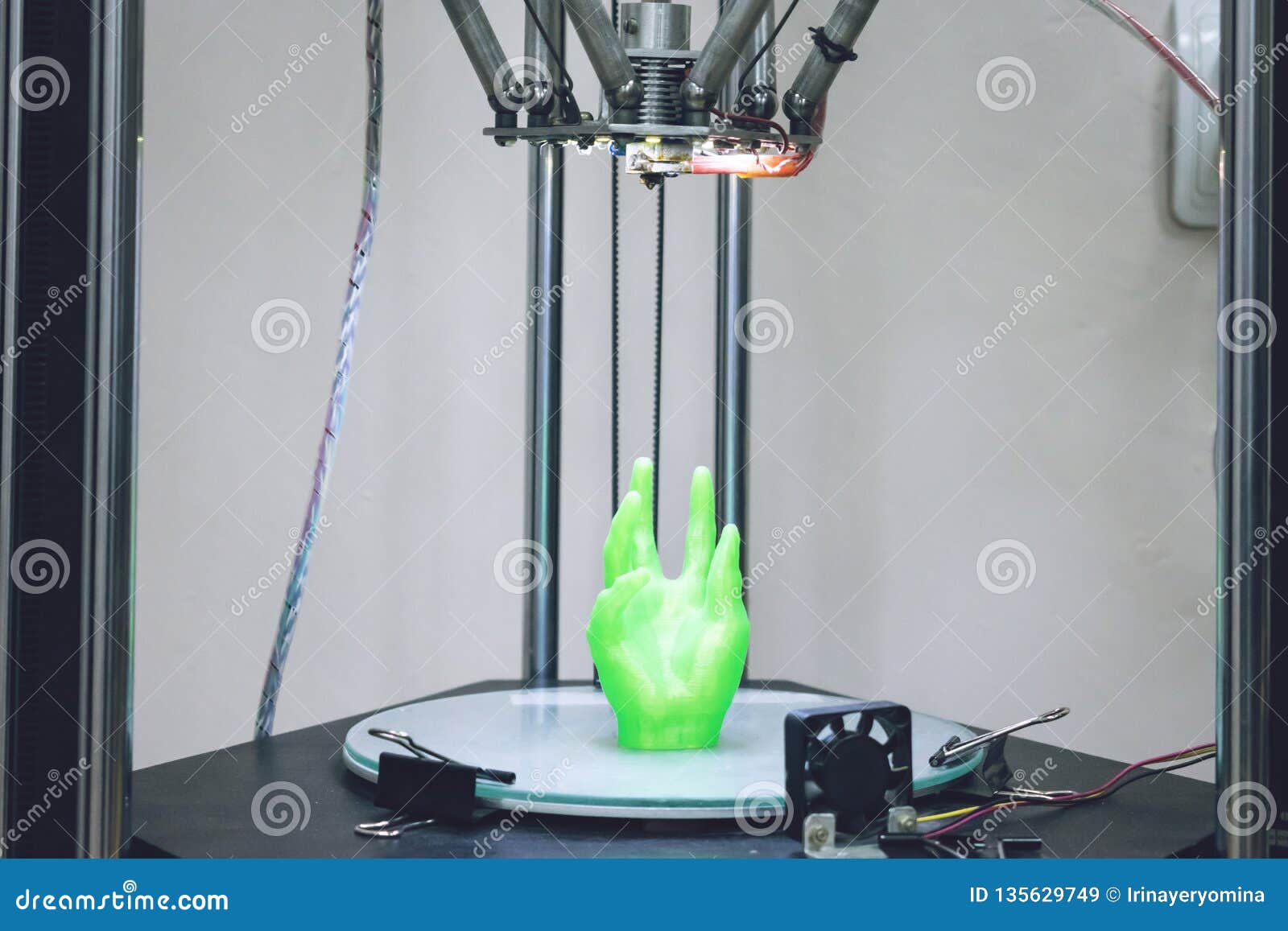 Green Plastic 3D Printed Human Hand Stands in Three-dimensional Printer ...