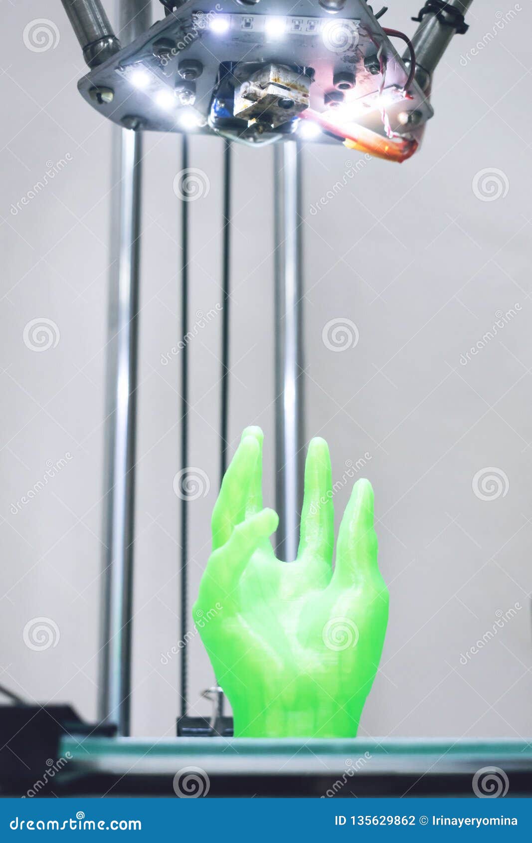 Green Plastic 3D Printed Human Hand Stands in Three-dimensional Printer ...
