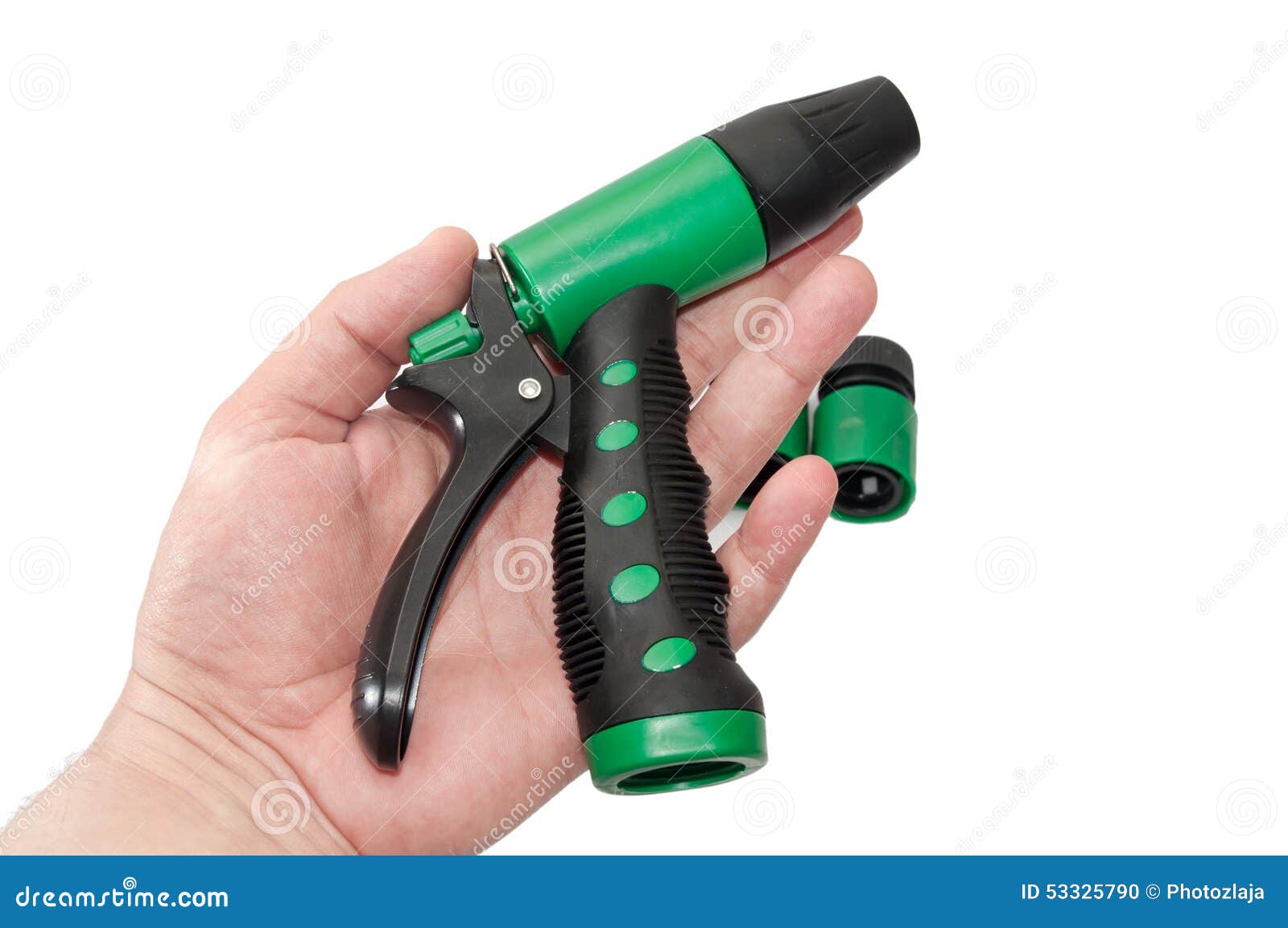 Green Plastic Sprayer in the Hand Stock Photo - Image of season, shower ...