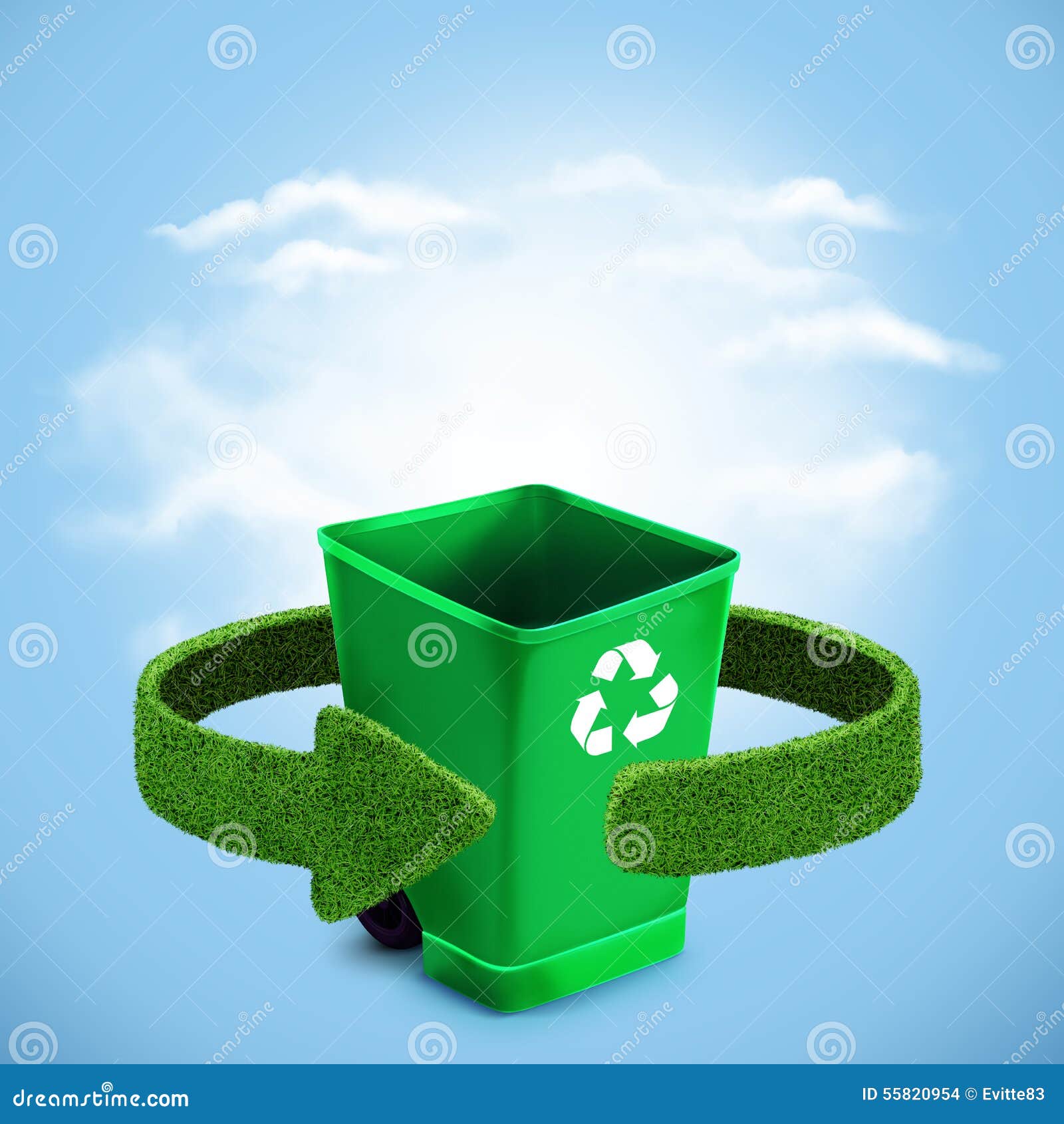 Green Plastic Trash Recycling Container Ecology Concept, with Landscape ...