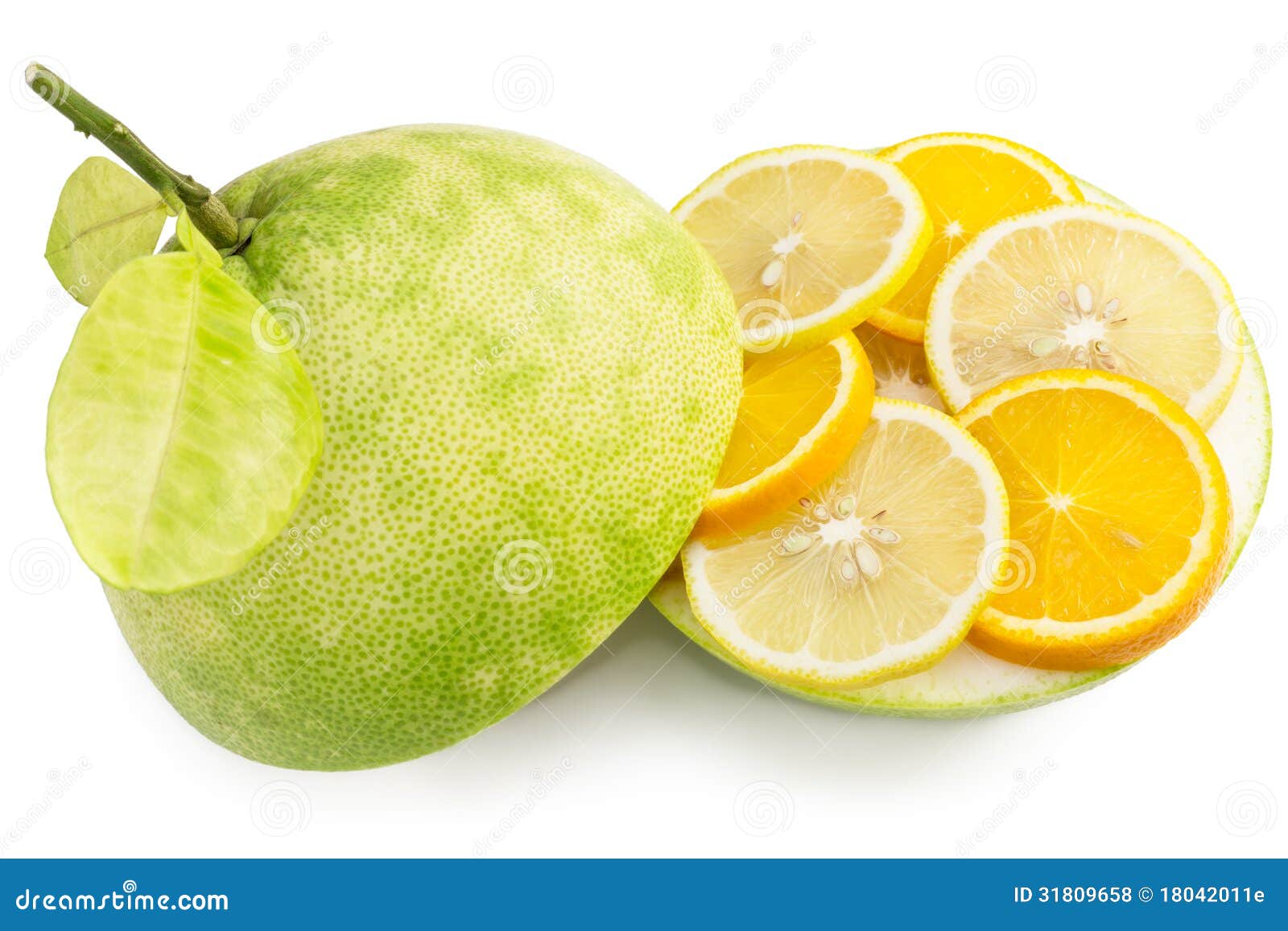 Green Pomelo Fruit Cut with Segments of Lemon and Orange Stock Photo ...