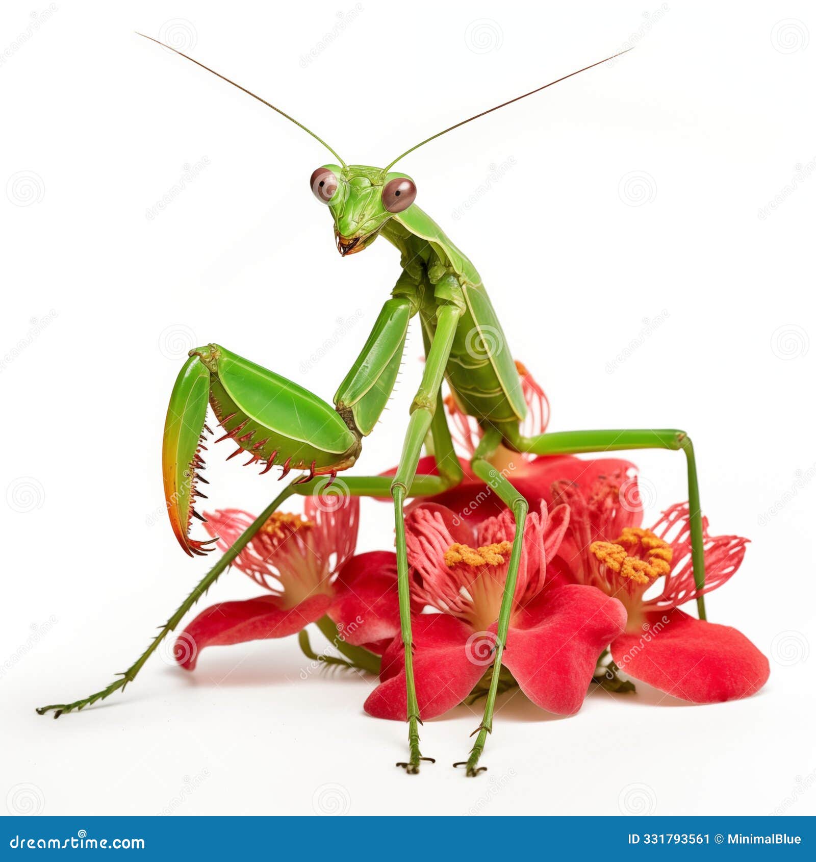 Green Praying Mantis on Red Flowers Stock Illustration - Illustration ...