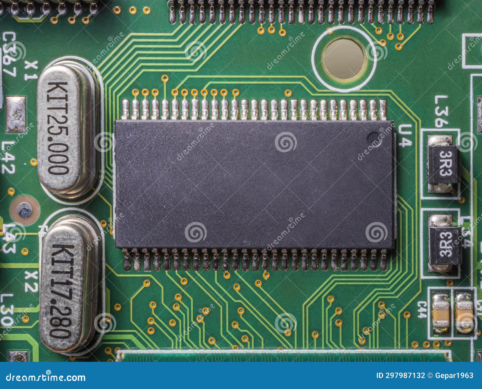 Green Printed Circuit Board with Electronic Components and Microchips ...