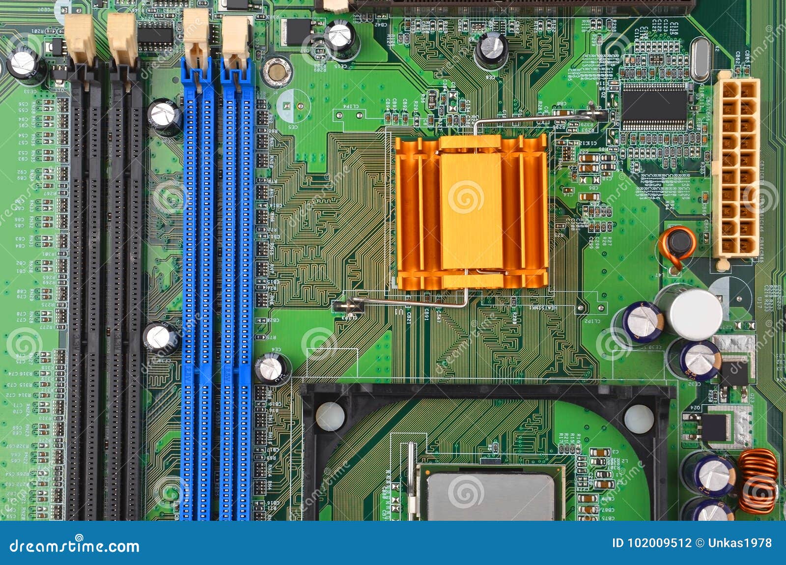 Green computer motherboard stock photo. Image of memory - 102009512