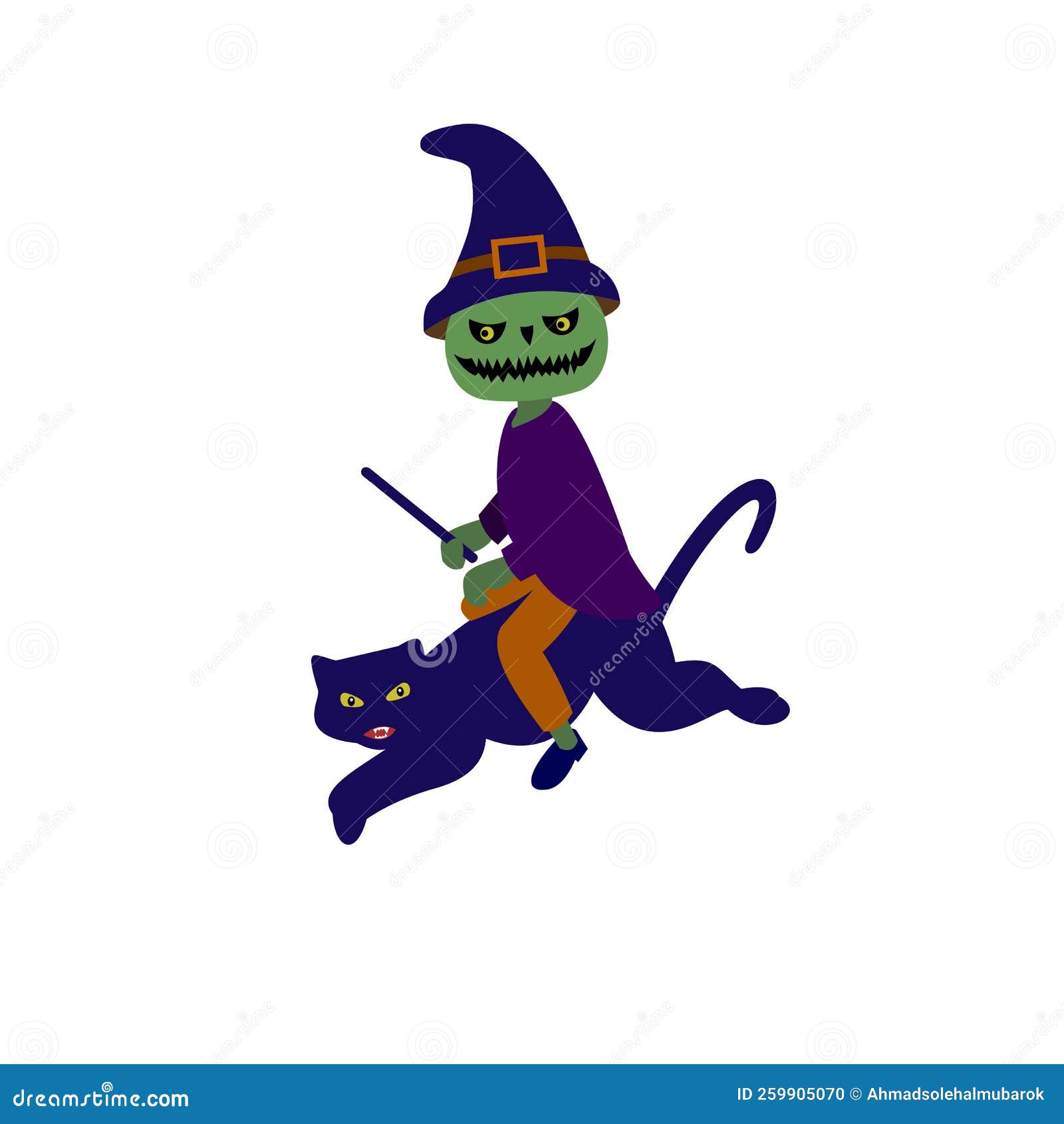 Green Pumpkins Witch Riding a Scary Cat Stock Vector - Illustration of ...