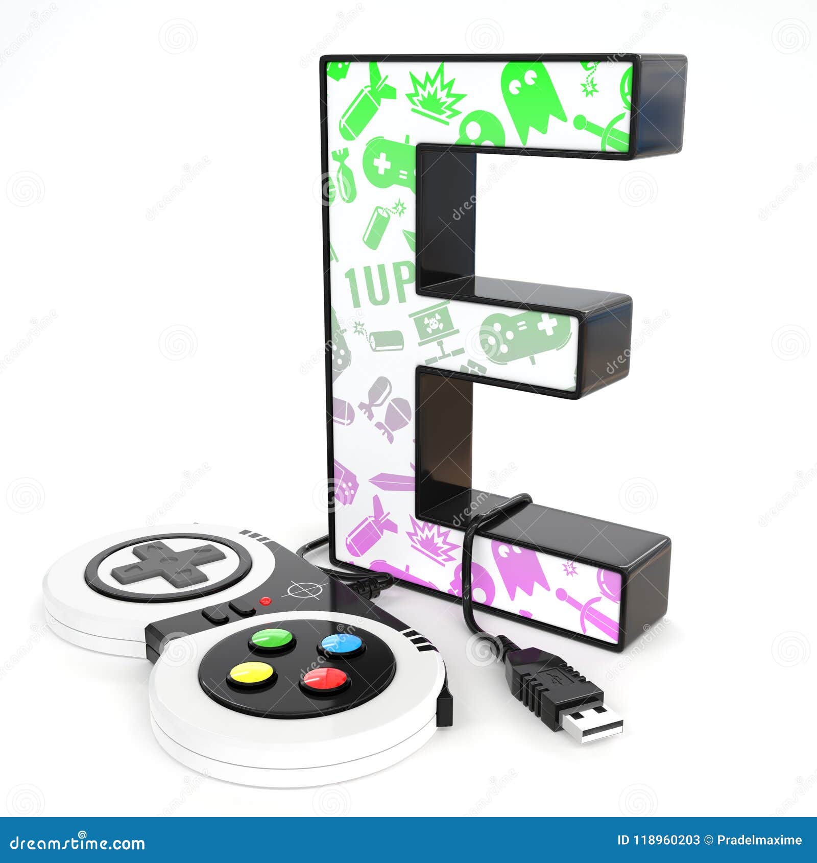 `E` 3d Letter with Video Game Controller Stock Illustration ...