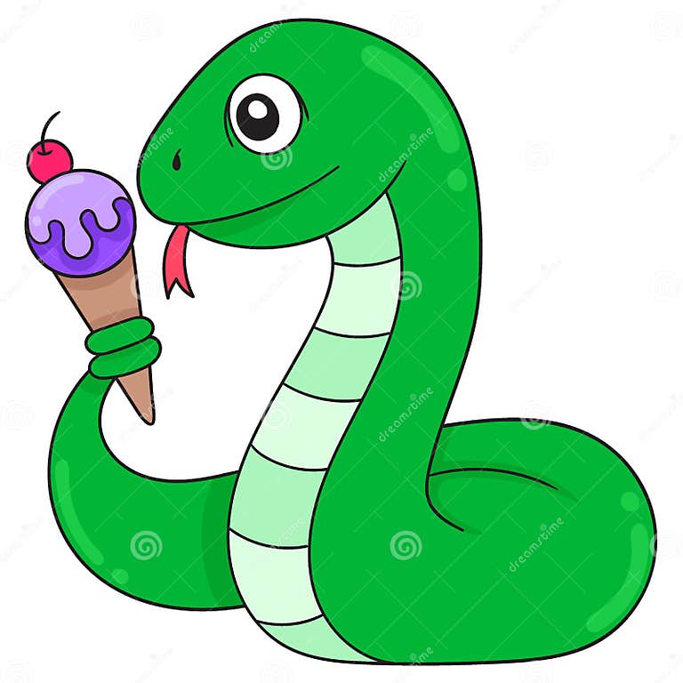 Green Python Holding Ice Cream Cone, Doodle Icon Image Kawaii Stock ...