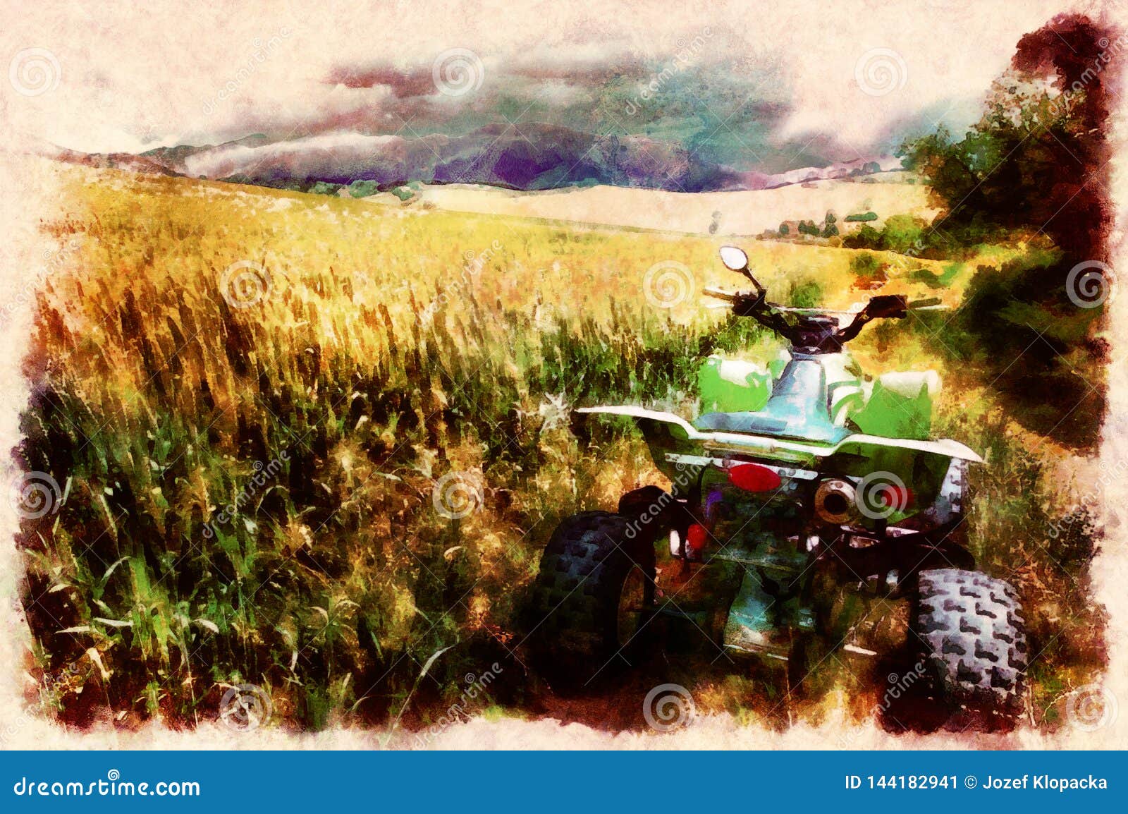 Green Quad in Landscape. Computer Painting Effect. Stock Image - Image ...